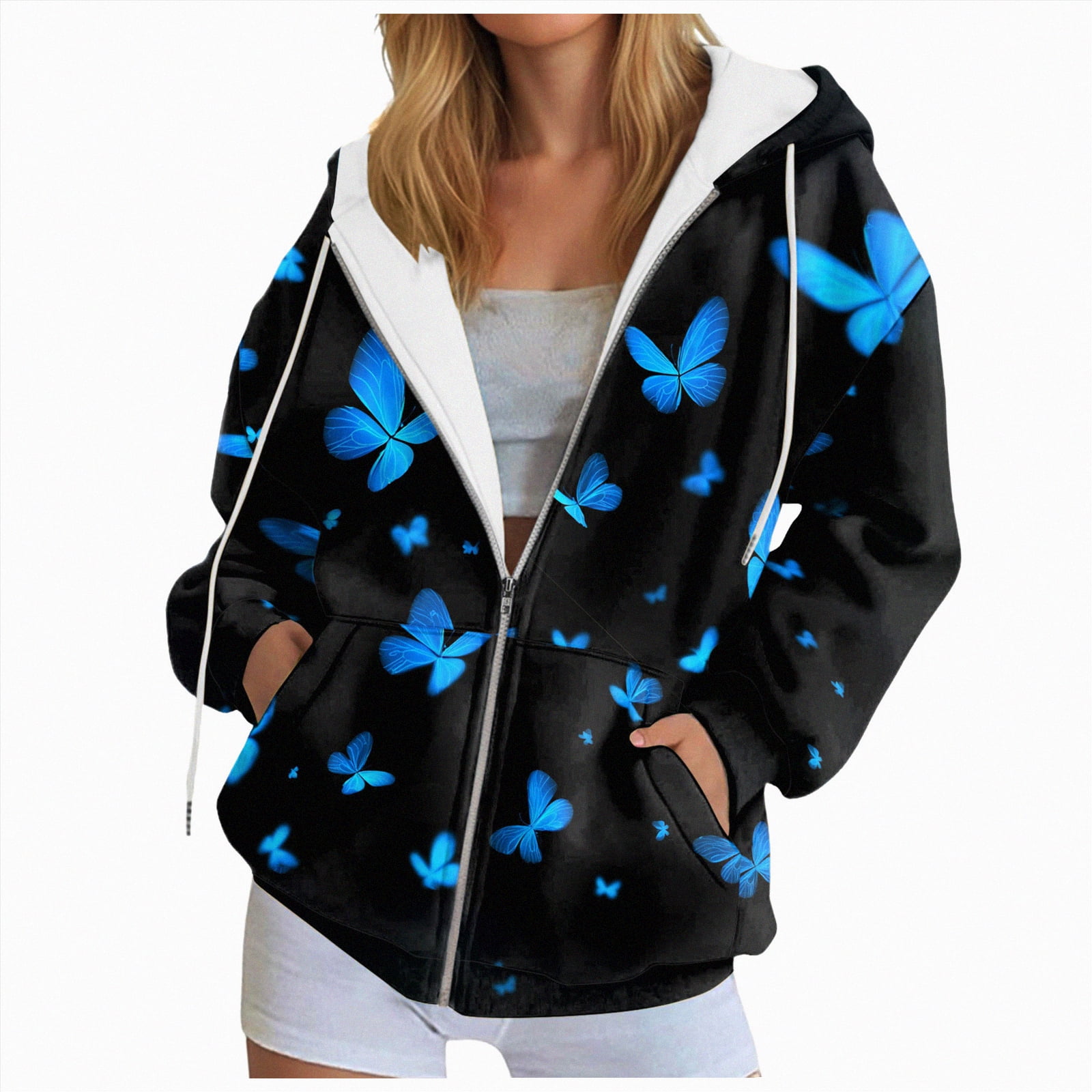 Kaprioy Womens Y2K Zip Up Oversized Hoodie Butterfly Graphic Hoodies ...
