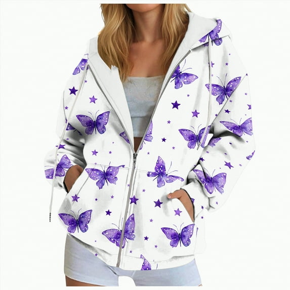Kaprioy Womens Y2K Zip Up Oversized Hoodie Butterfly Graphic Hoodies ...