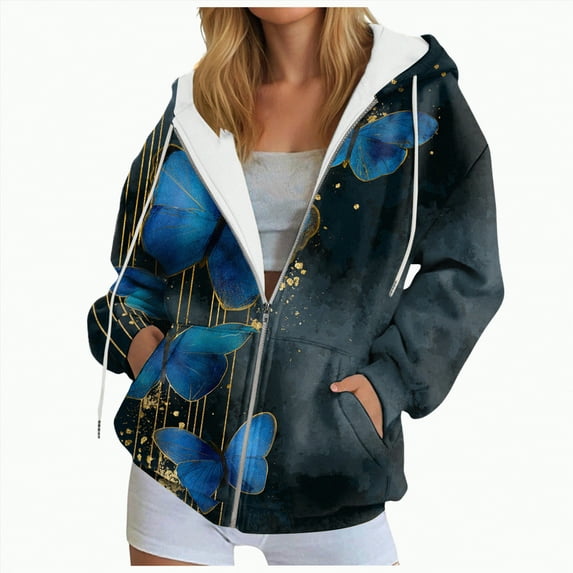 Kaprioy Womens Y2K Zip Up Oversized Hoodie Butterfly Graphic Hoodies ...