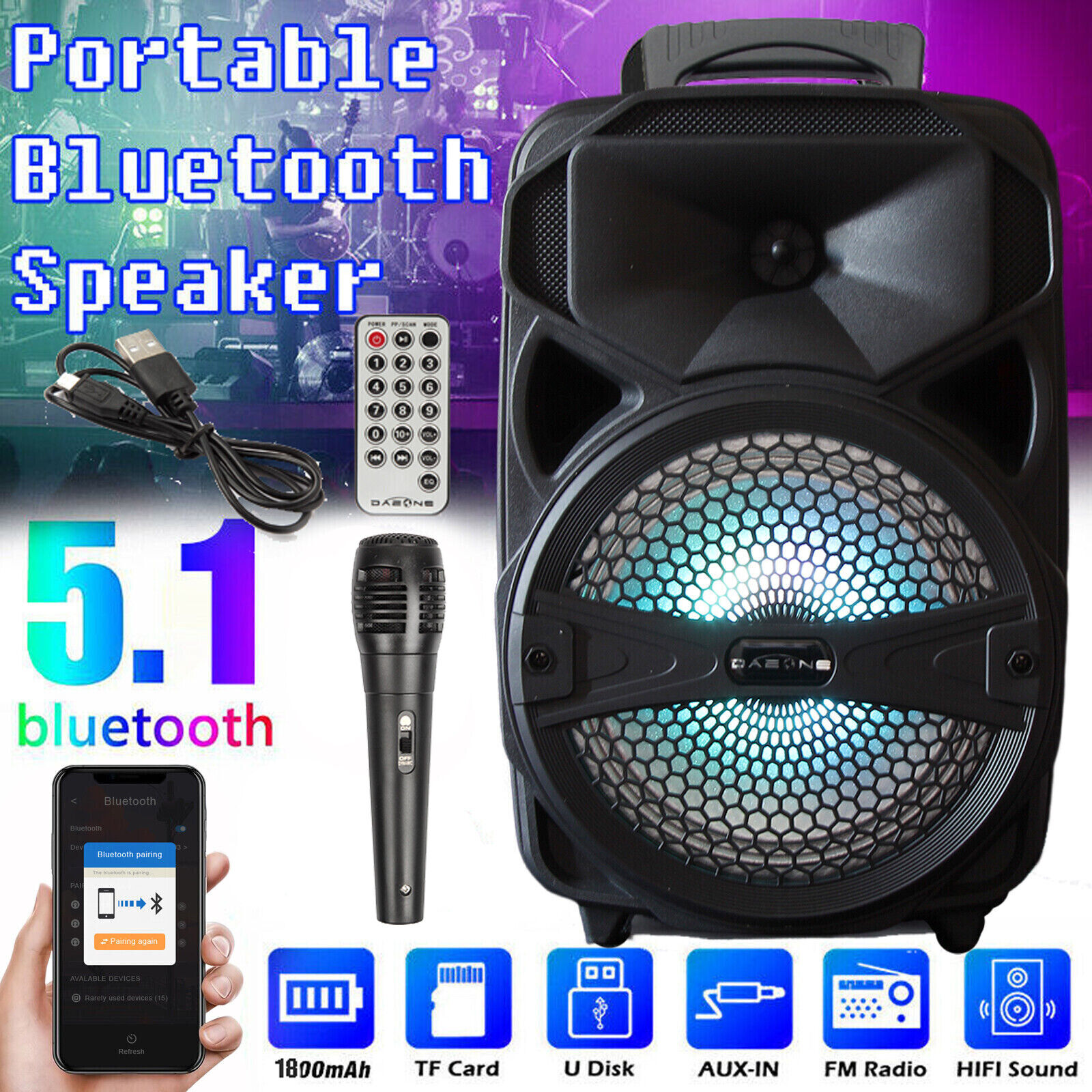Karaoke Bluetooth Speaker W/ 8" Subwoofer Sound System Portable PA Big ...