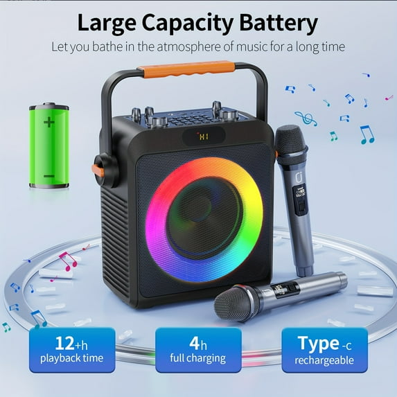 Karaoke Machine with 2 Wireless Microphones - Wireless Speaker with RGB ...