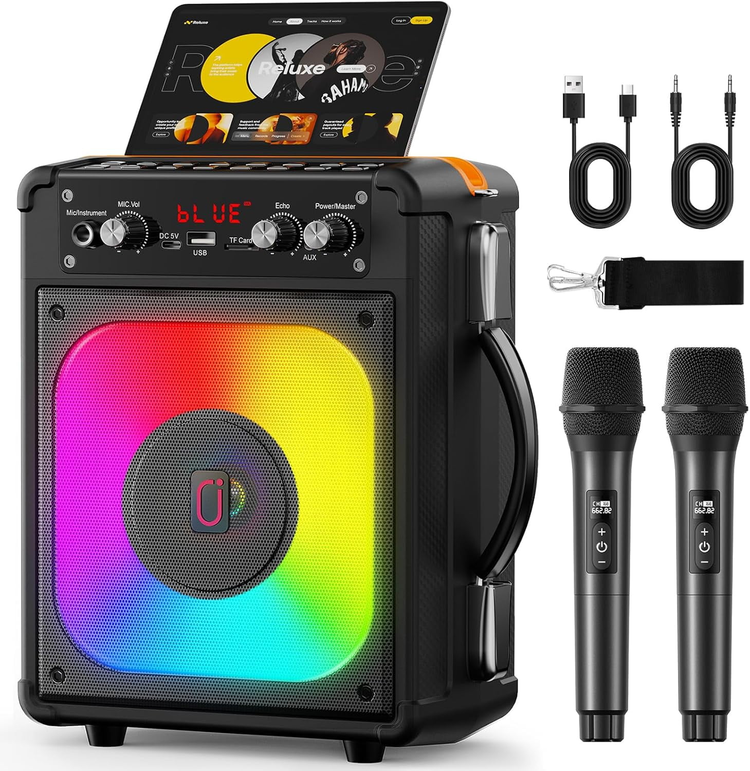 Karaoke Machine, Portable Bluetooth Speaker with 2 Wireless Microphones ...