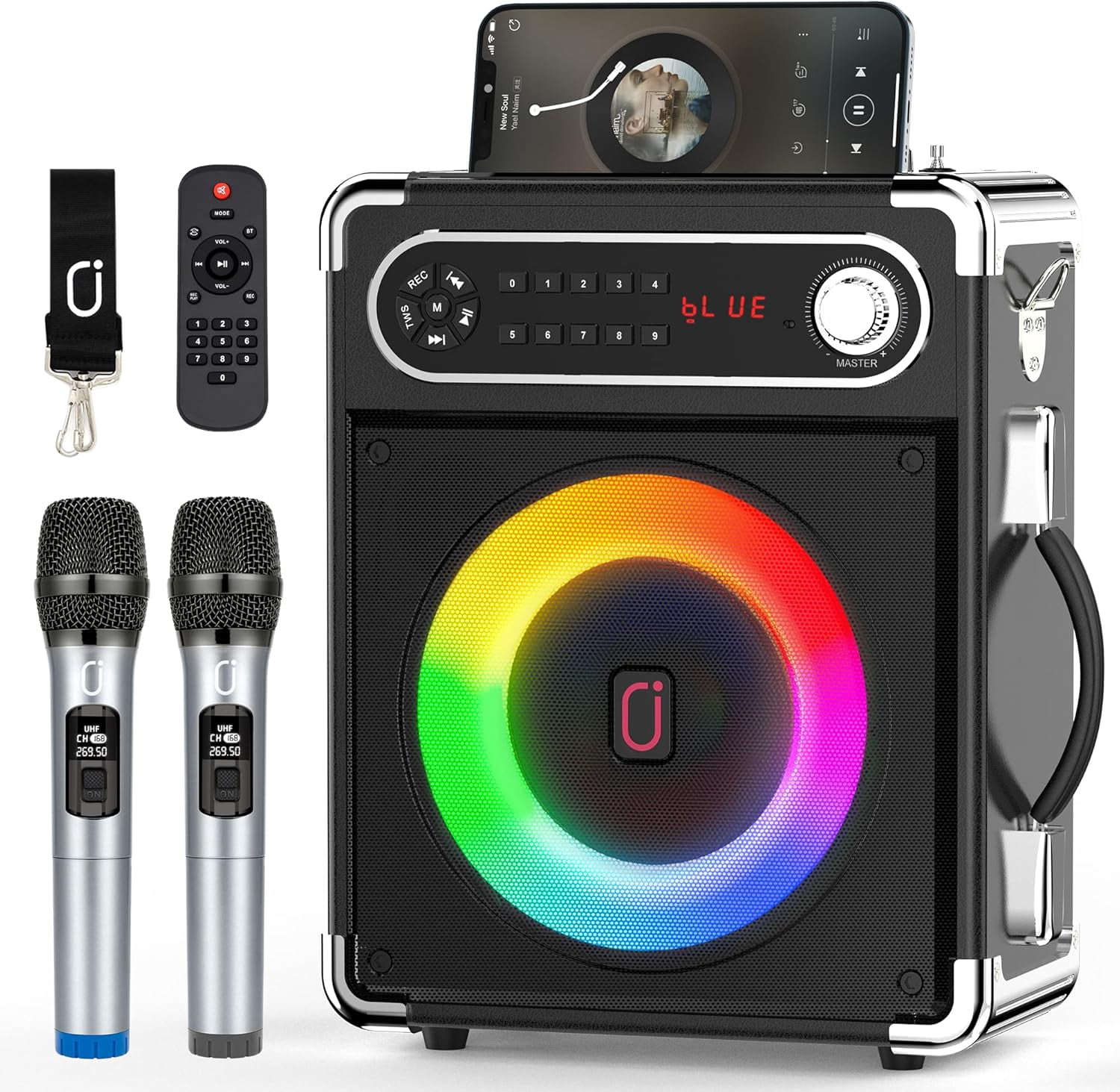 Karaoke Machine with Two Wireless Microphones, Portable Bluetooth ...
