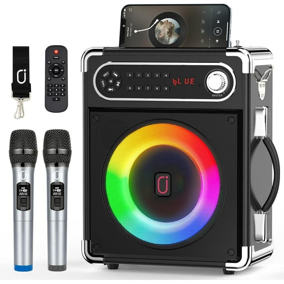 Karaoke Machine with Two Wireless Microphones, Portable Bluetooth ...