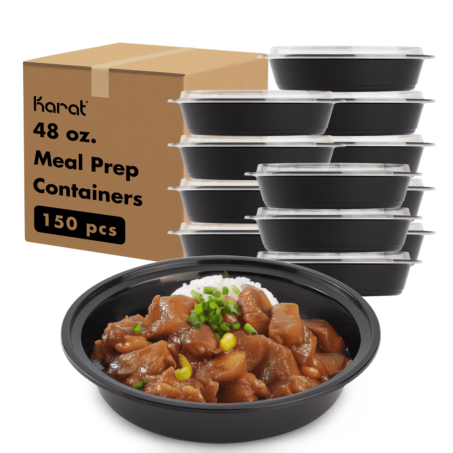 Karat 48oz Microwaveable Containers, 150 Pack - Black Round Plastic ...