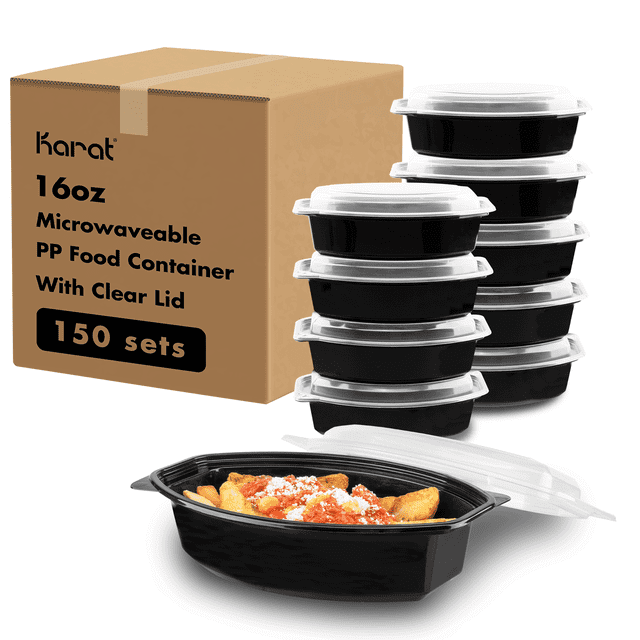 Karat 16oz PP Microwaveable Oval Food Container with Clear Lid, Black - 150 sets - Walmart.com