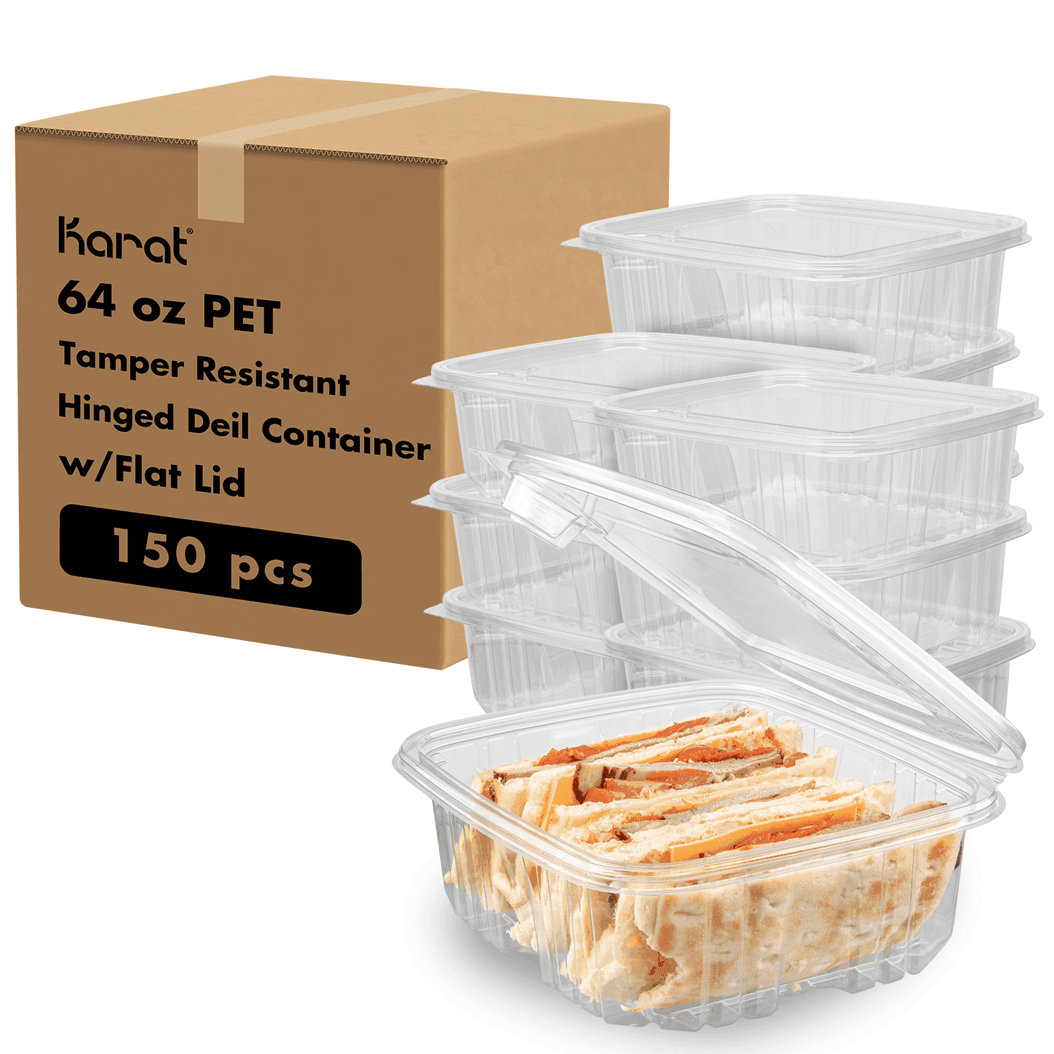 Karat 64oz PET Tamper Resistant Hinged Deli Container w/Flat Lid - 150 ...