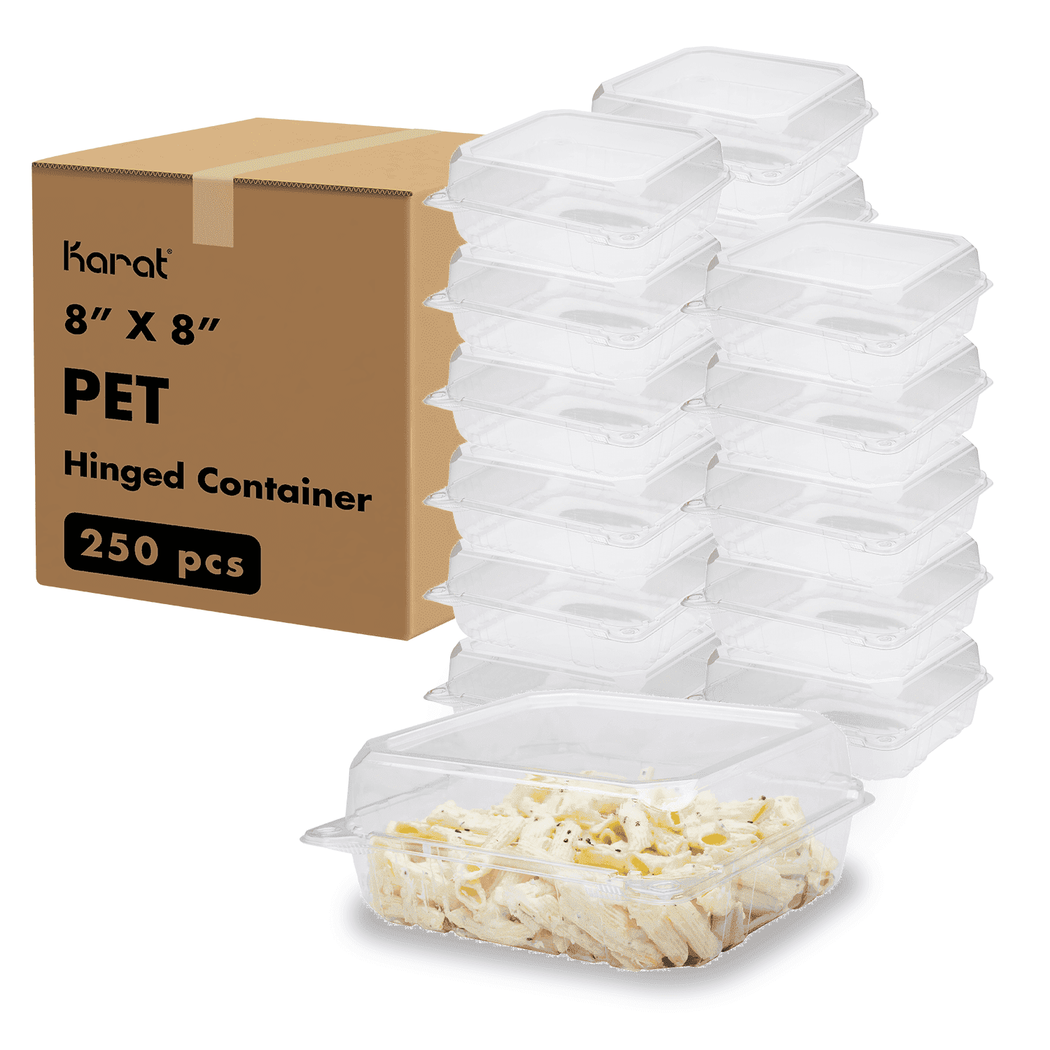 Karat 8''x8'' PET Plastic Hinged Containers - 250 ct, Clear, Stackable ...
