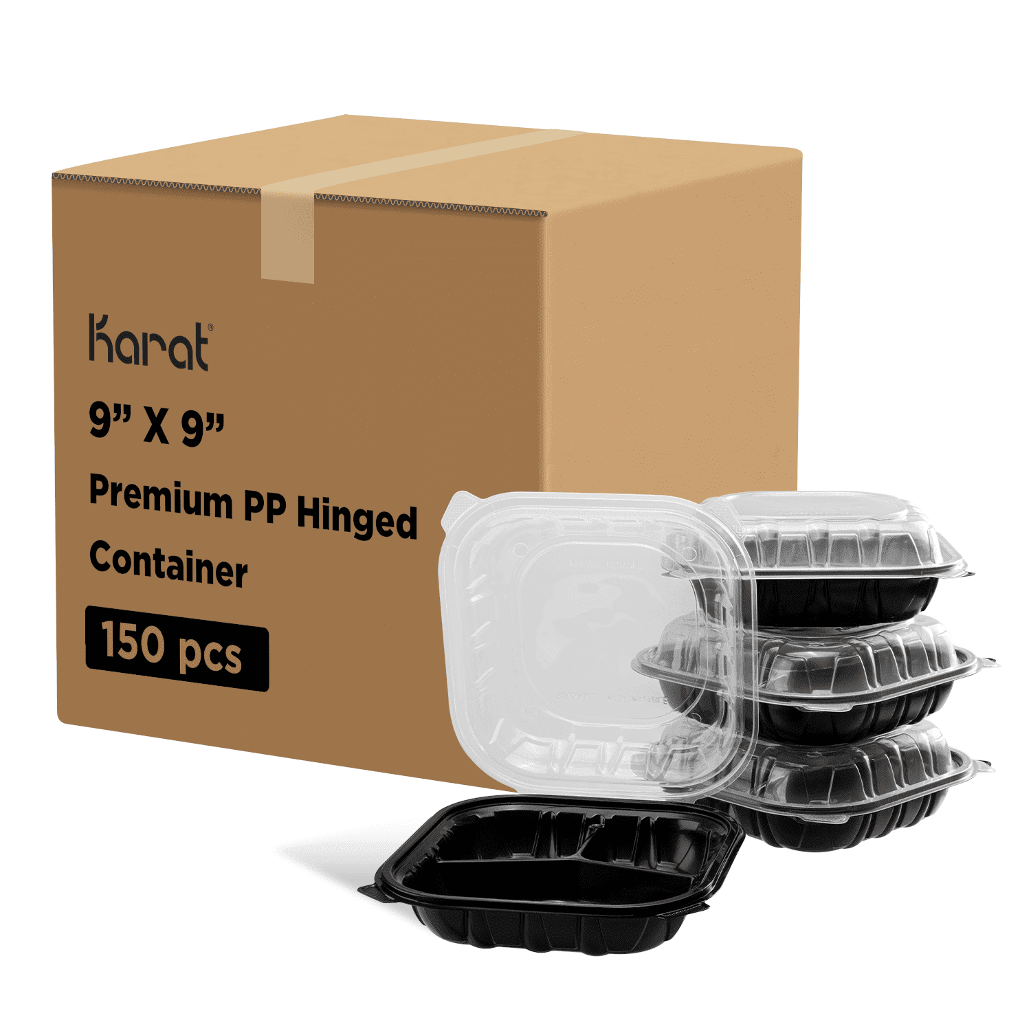 Karat 9"x 9" Premium PP Hinged Container, 3 compartments - 150 ct ...