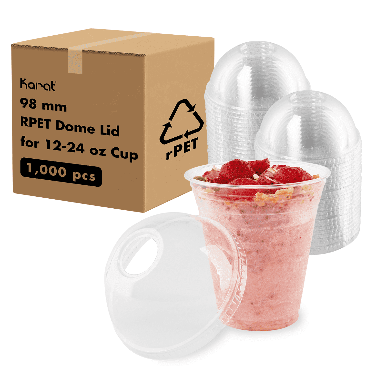 Karat 98mm Dome Lids [1,000 pcs], rPET Plastic Lids for 12–24 oz Cold ...