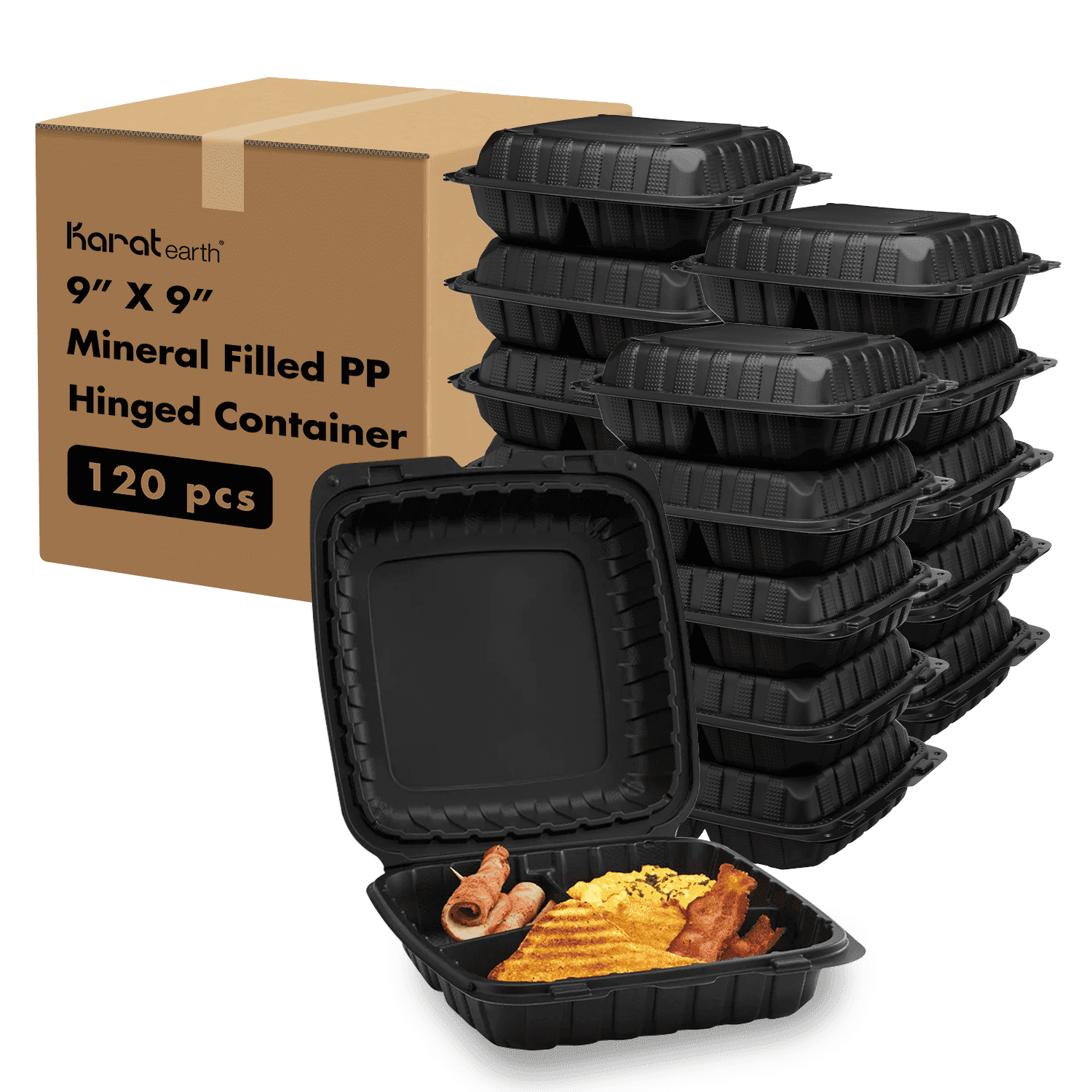 Karat Earth 9x9 Inch 3-Compartment Take Away Black Mineral Filled PP ...