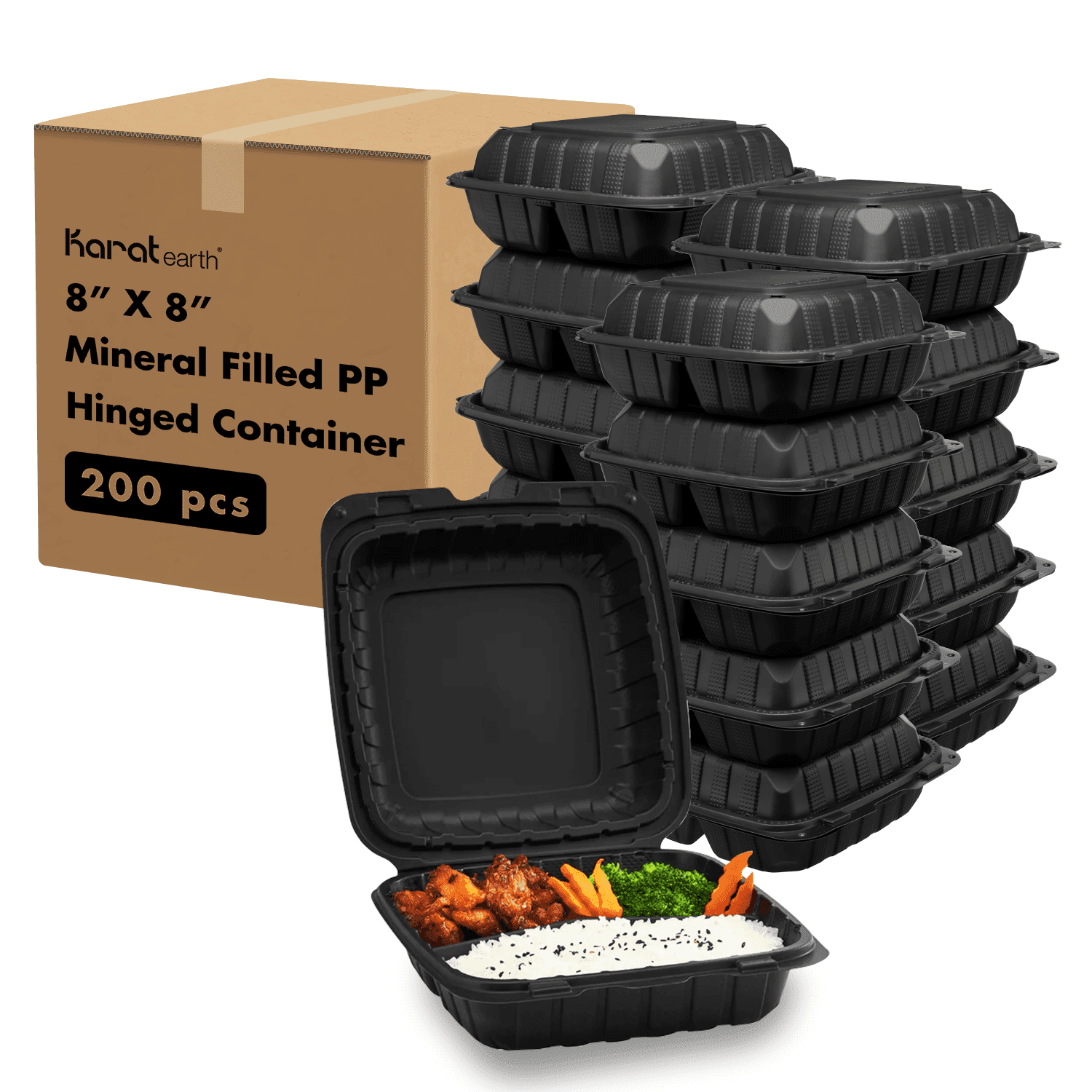 Karat Earth Biodegradable 200pcs 8x8 Carry Out Boxes, 3-Compartment PP ...