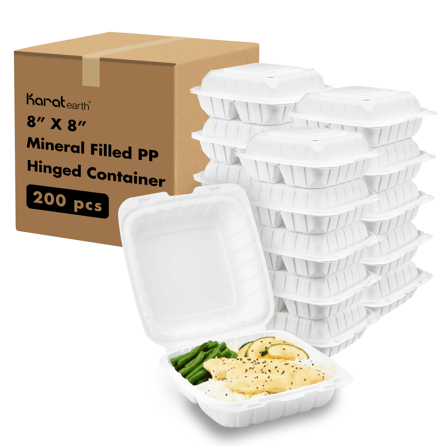 Karat Earth [200pcs - 8x8] 3 compartment Mineral Filled PP Hinged Container - White - Walmart.com