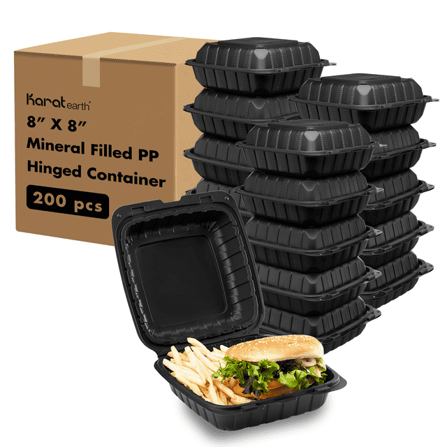 Karat Earth 8x8 Hinged Container, 200pcs - Mineral Filled PP, 1 Compartment - Black - Walmart.com