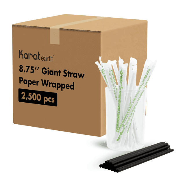 Karat Earth 8.75" Giant PLA Straw (8mm) Paper Wrapped, Black - 2,500 ...