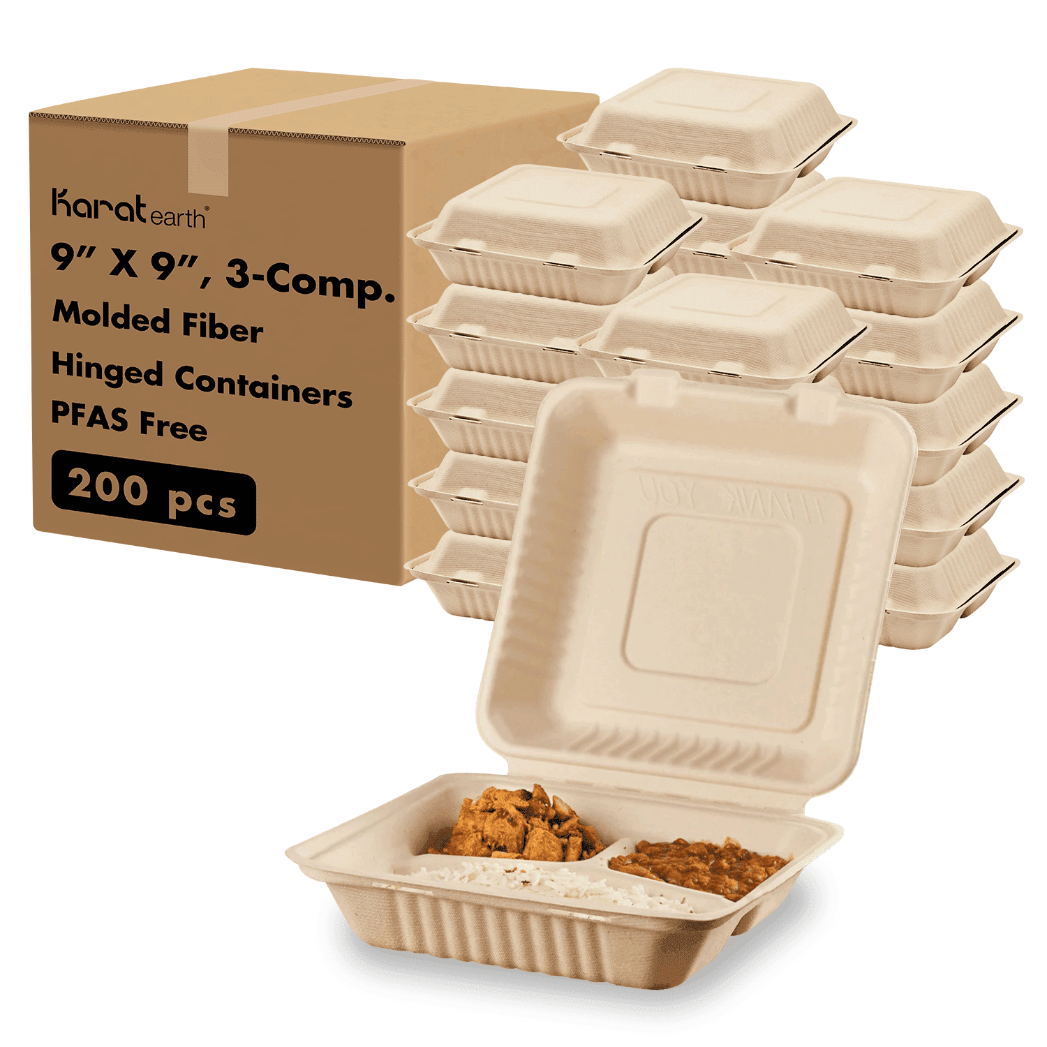 Karat Earth 3 Compartments, 9''x9'' Paper Hinged Containers, Molded ...