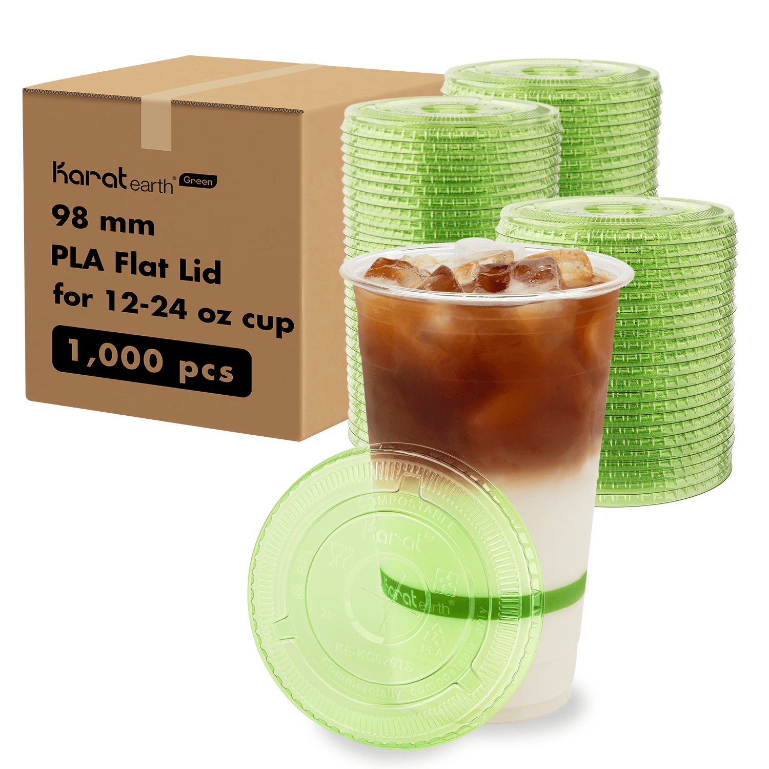 Karat Earth 98mm PLA Flat Lids for 12-24oz Cups, Green - 1,000 pcs ...
