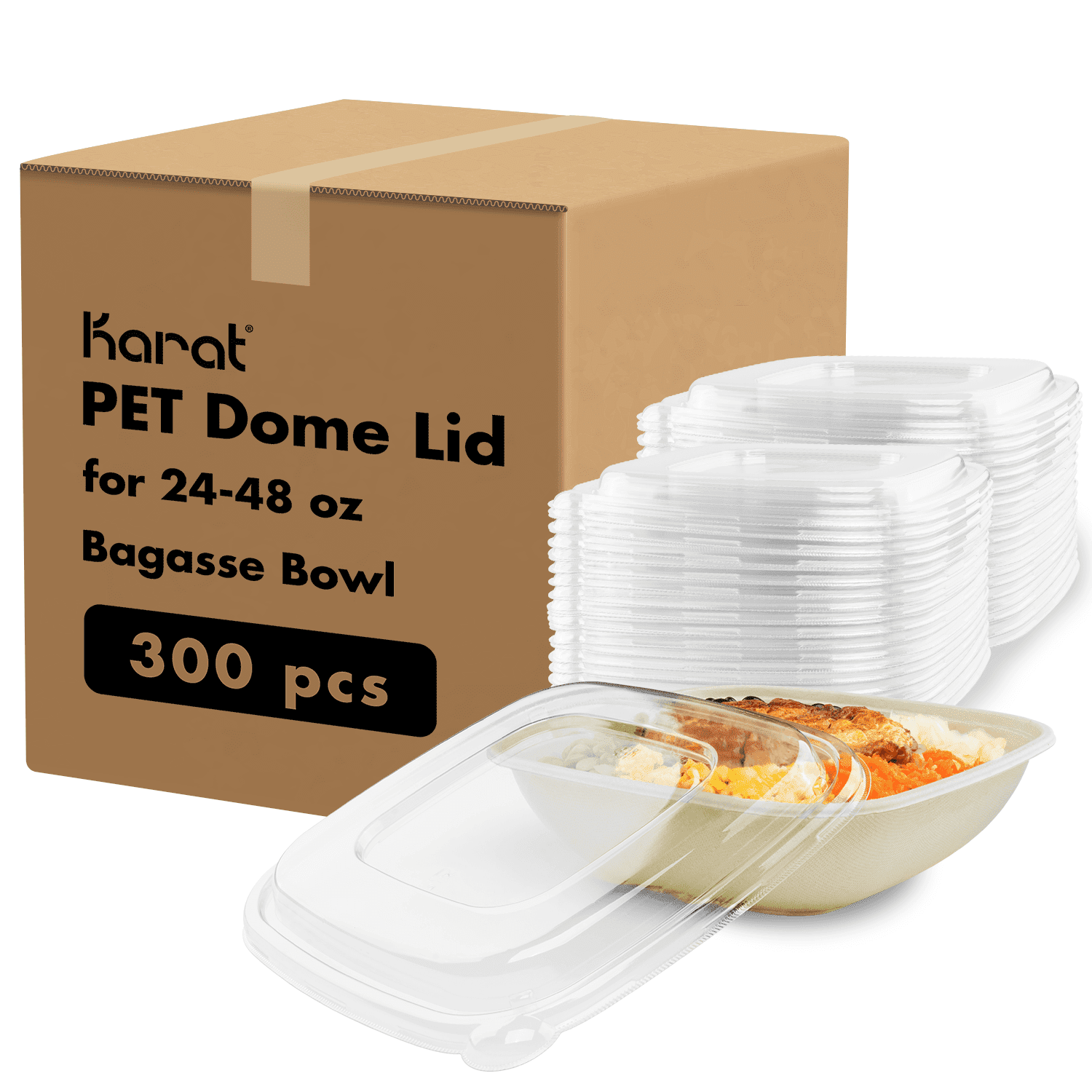 Karat PET Dome Lid for 24, 32, 48 oz Bagasse Square Bowl - 300 pcs ...