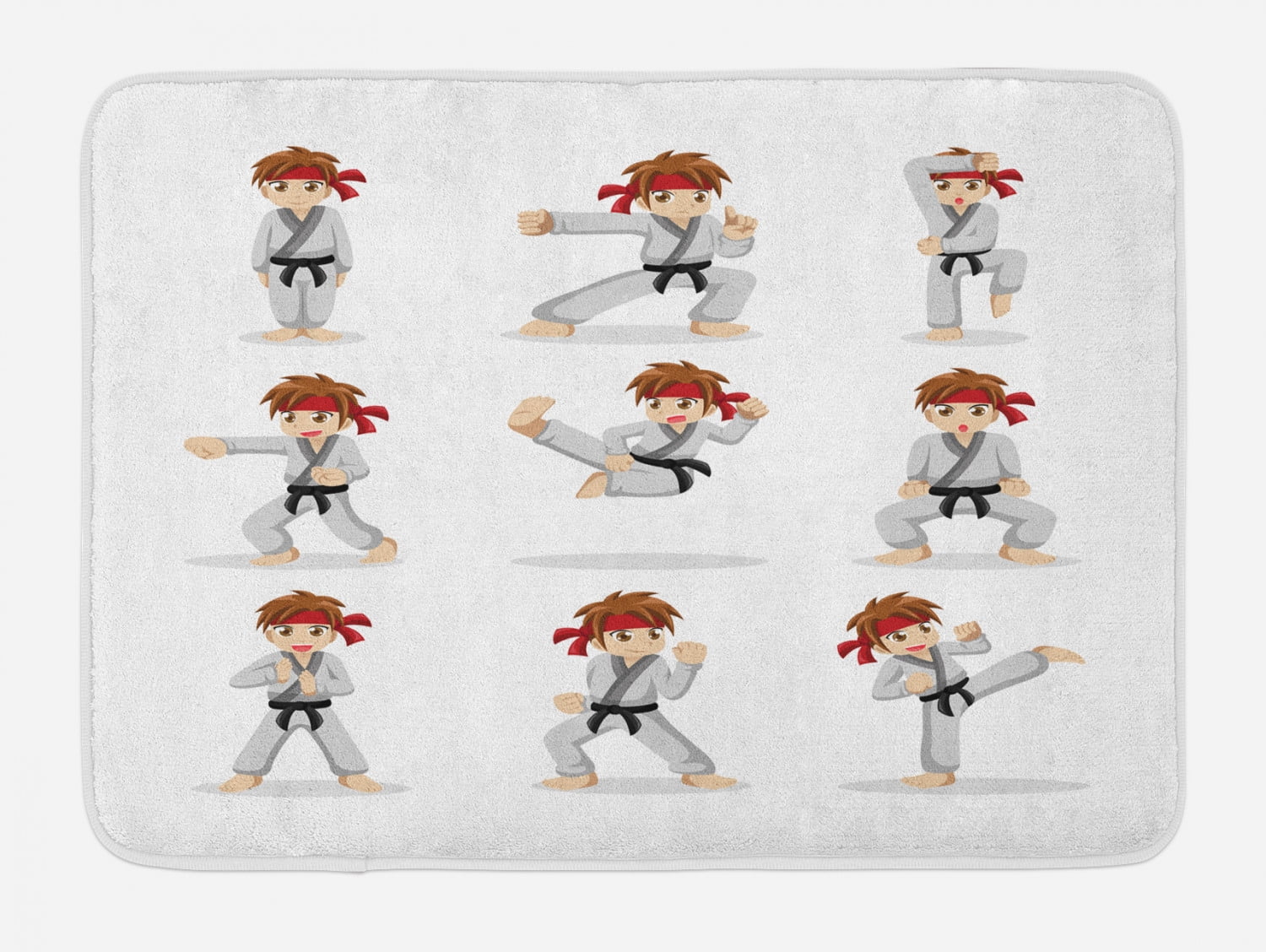 Karate Bath Mat, Martial Arts Performer Boy Cartoon in Various Fight ...