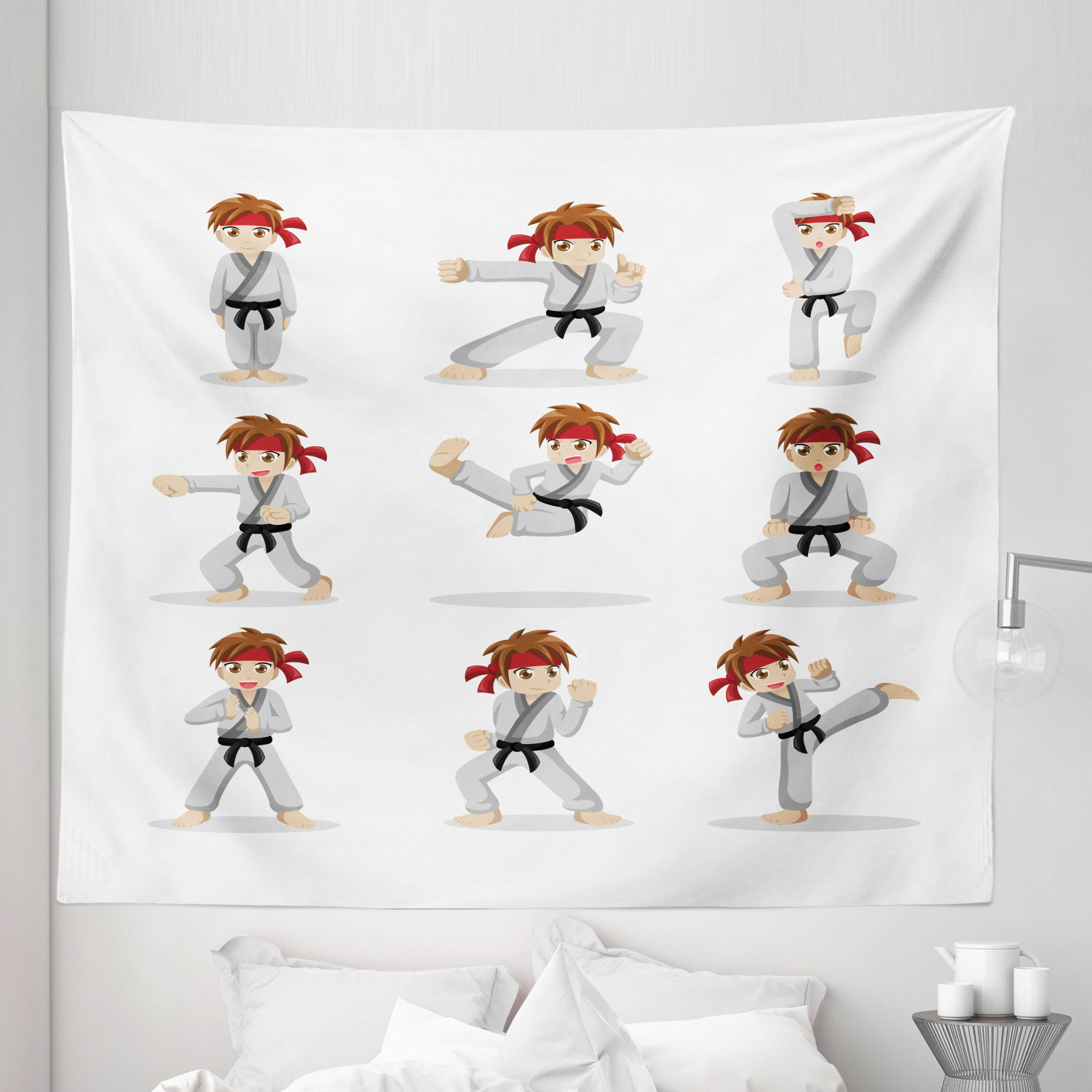 Karate Tapestry, Martial Arts Performer Boy Cartoon in Various Fight ...