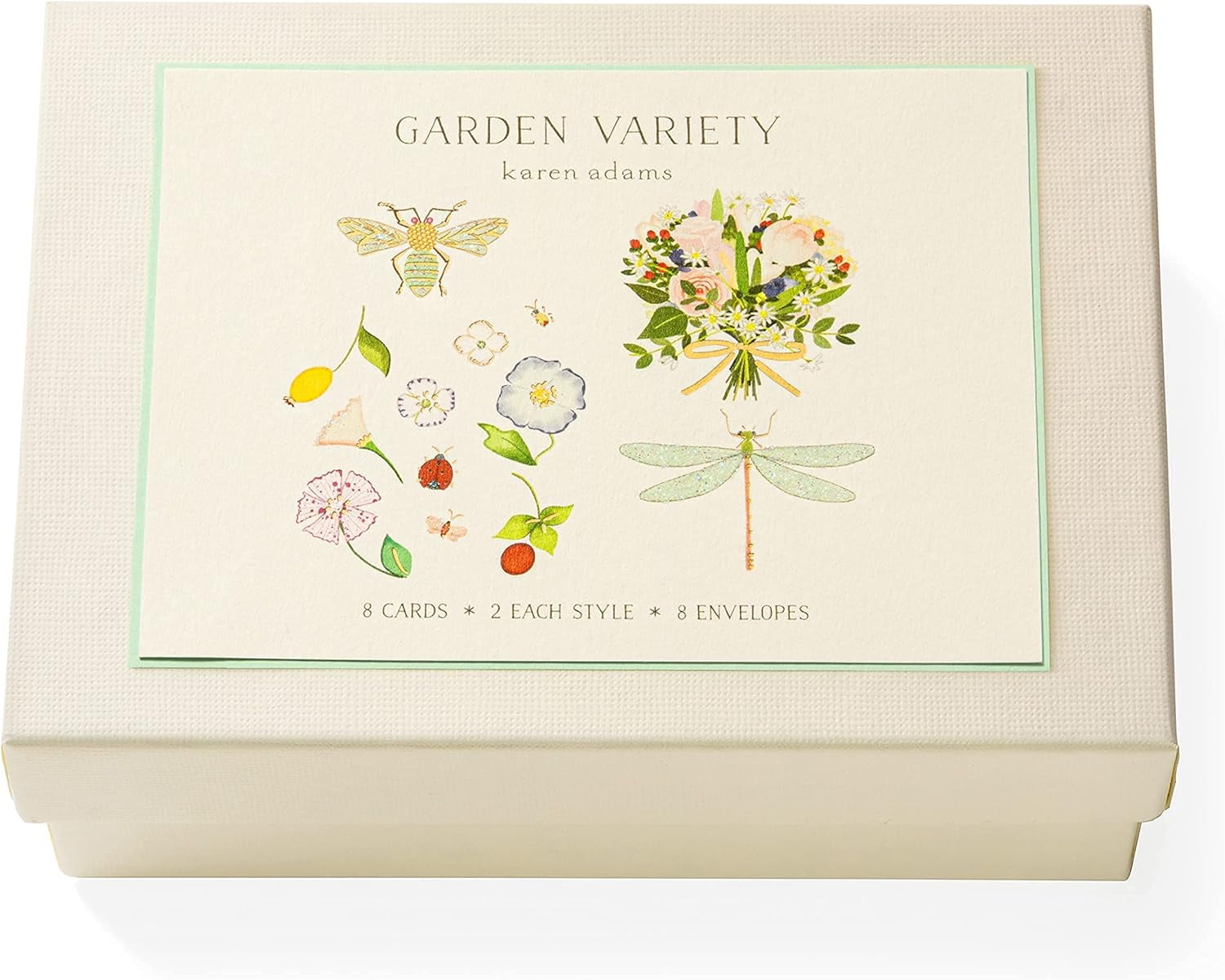 Karen Adams Box of 8 Assorted Notecards with Matching Envelopes - Garden Variety, Natural White ...