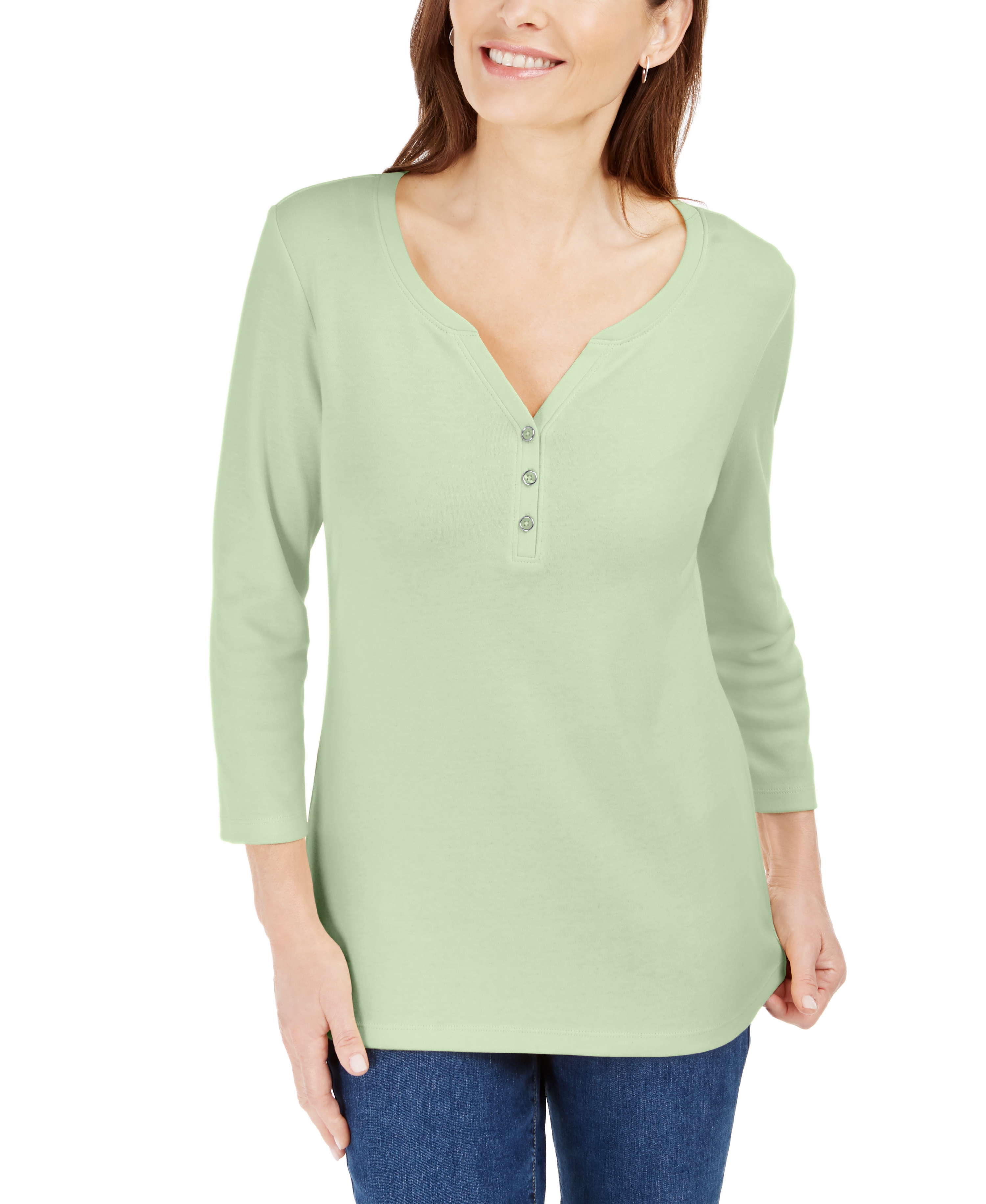 Karen Scott Cotton Henley V Neck Top Calm Aloe S - Walmart.com