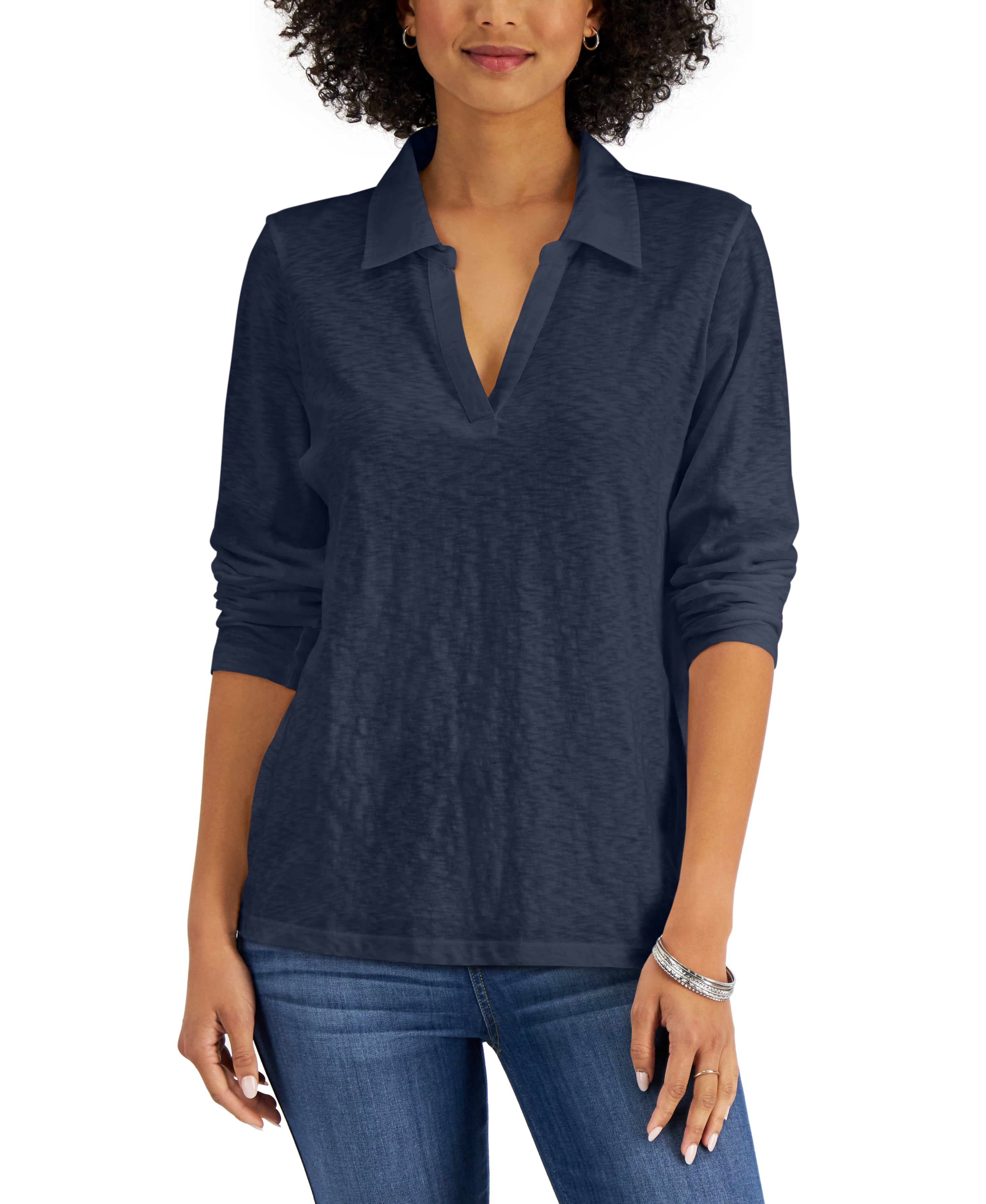 Karen Scott Cotton Long Sleeve Polo Intrepid Blue S - Walmart.com