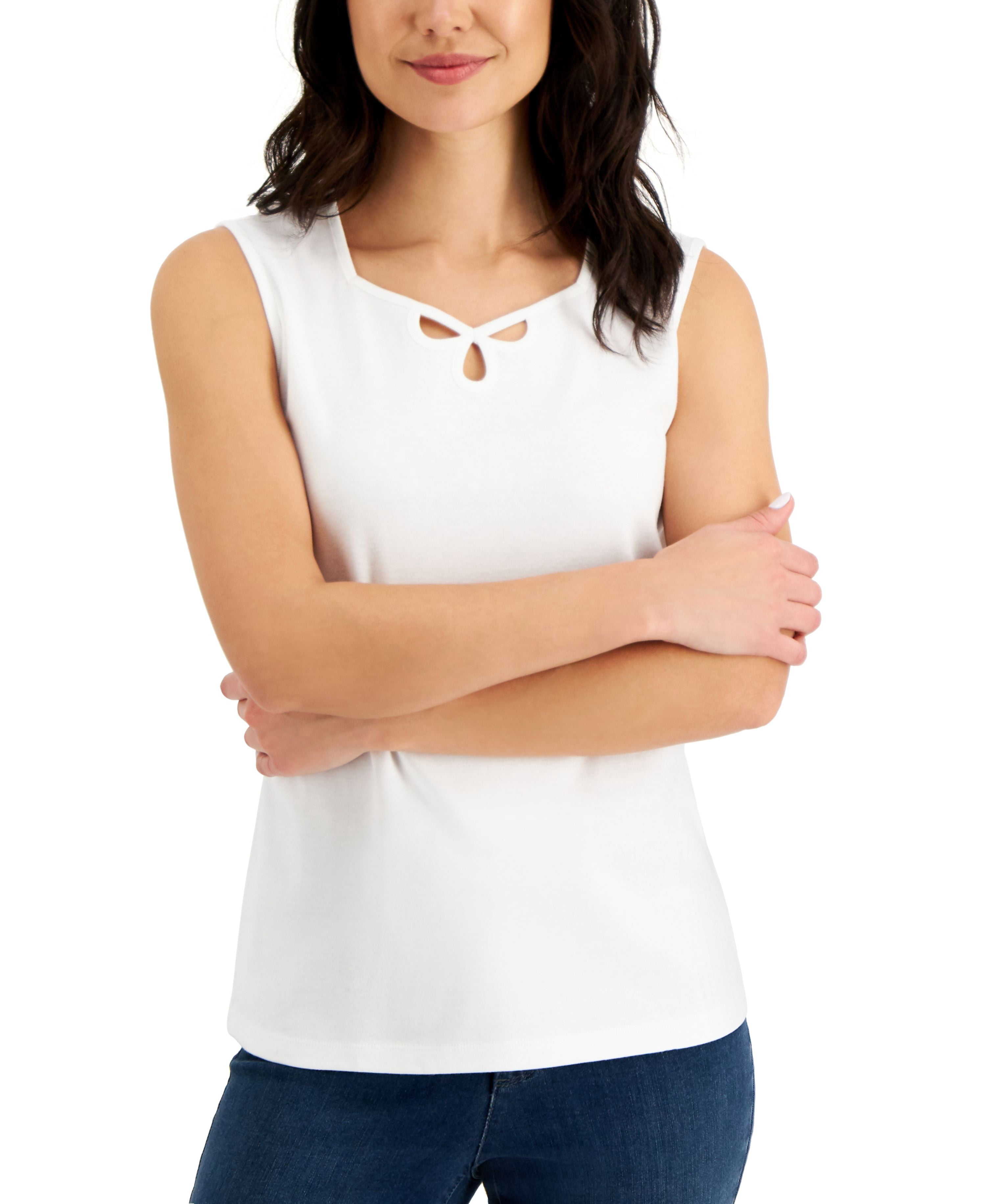Karen Scott Cotton Sweetheart Neck Keyhole Cutout Top Bright White L ...