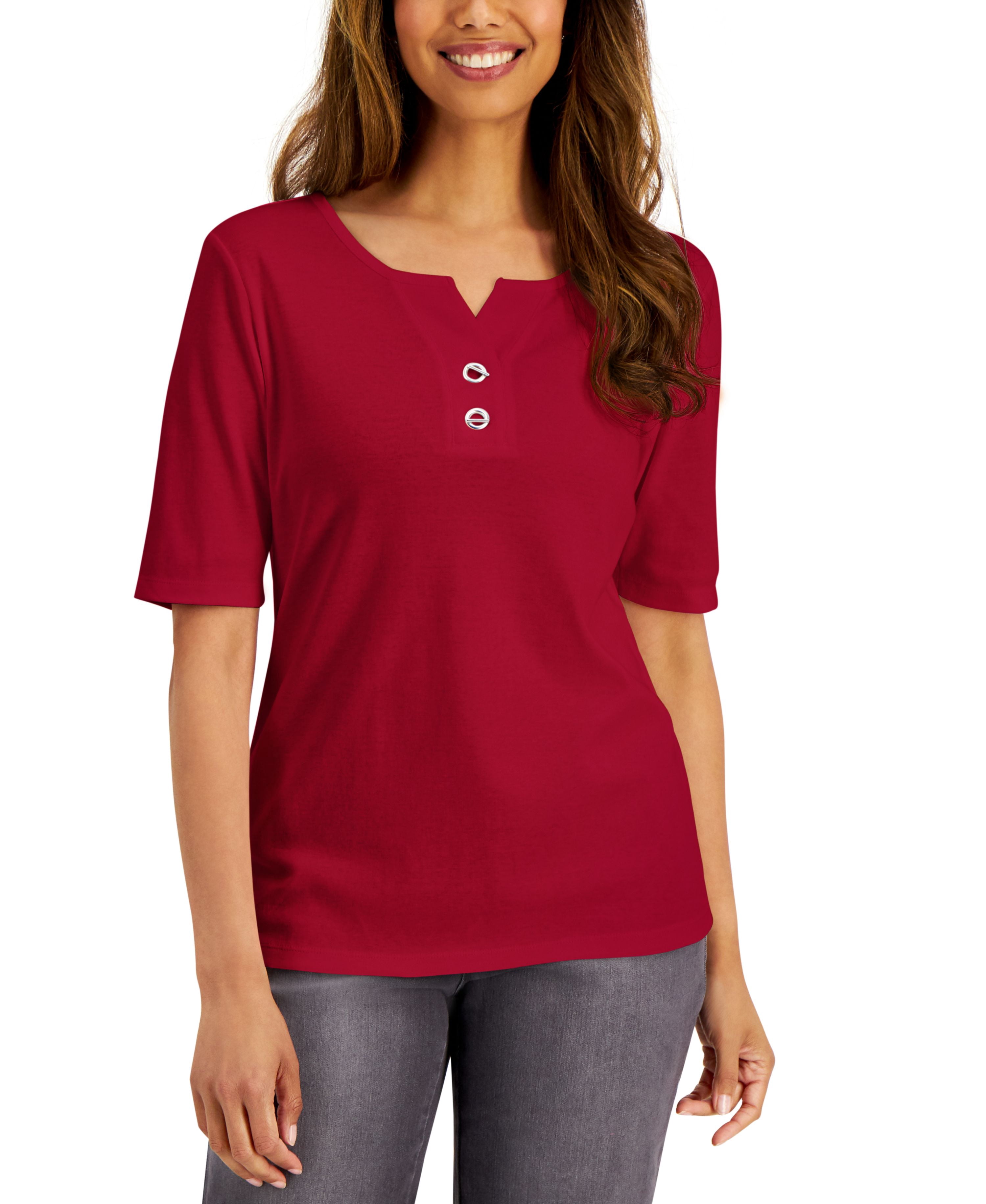 Karen Scott Cotton Toggle Button Top New Red Amore S - Walmart.com