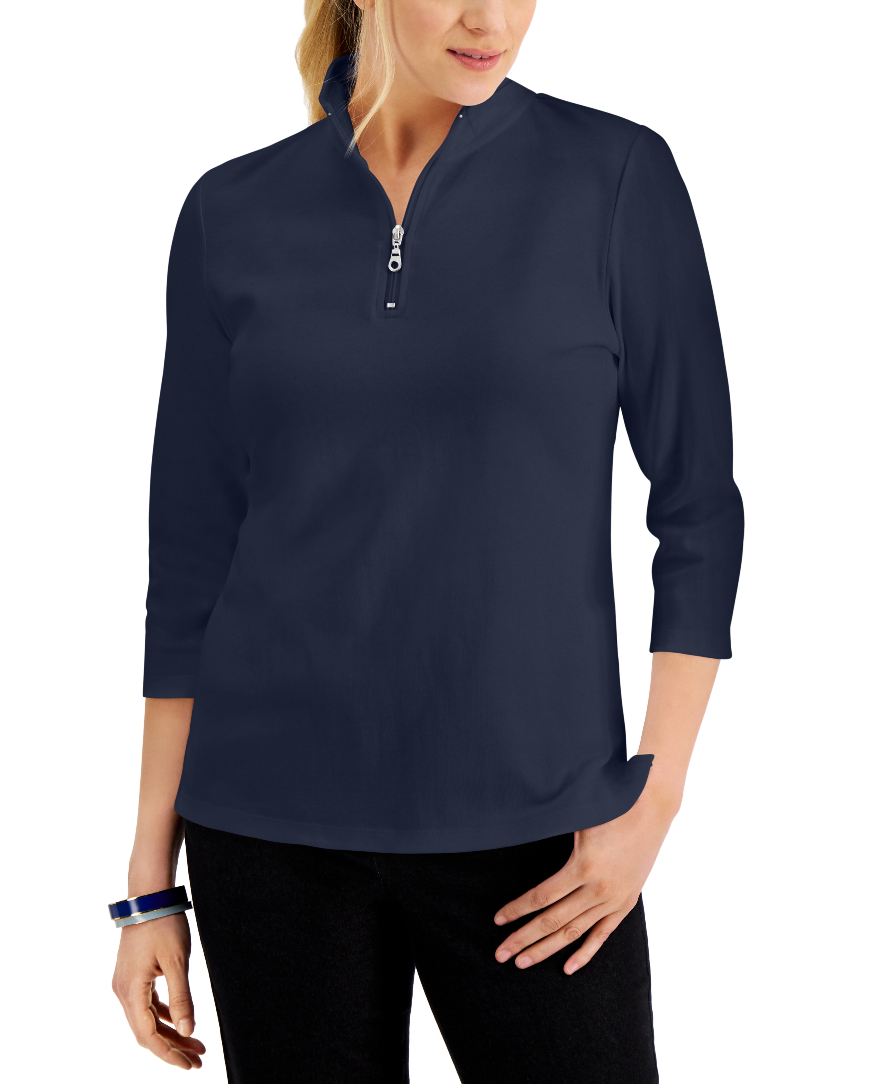 Karen Scott Cotton Zip Neck Top Intrepid Blue L - Walmart.com