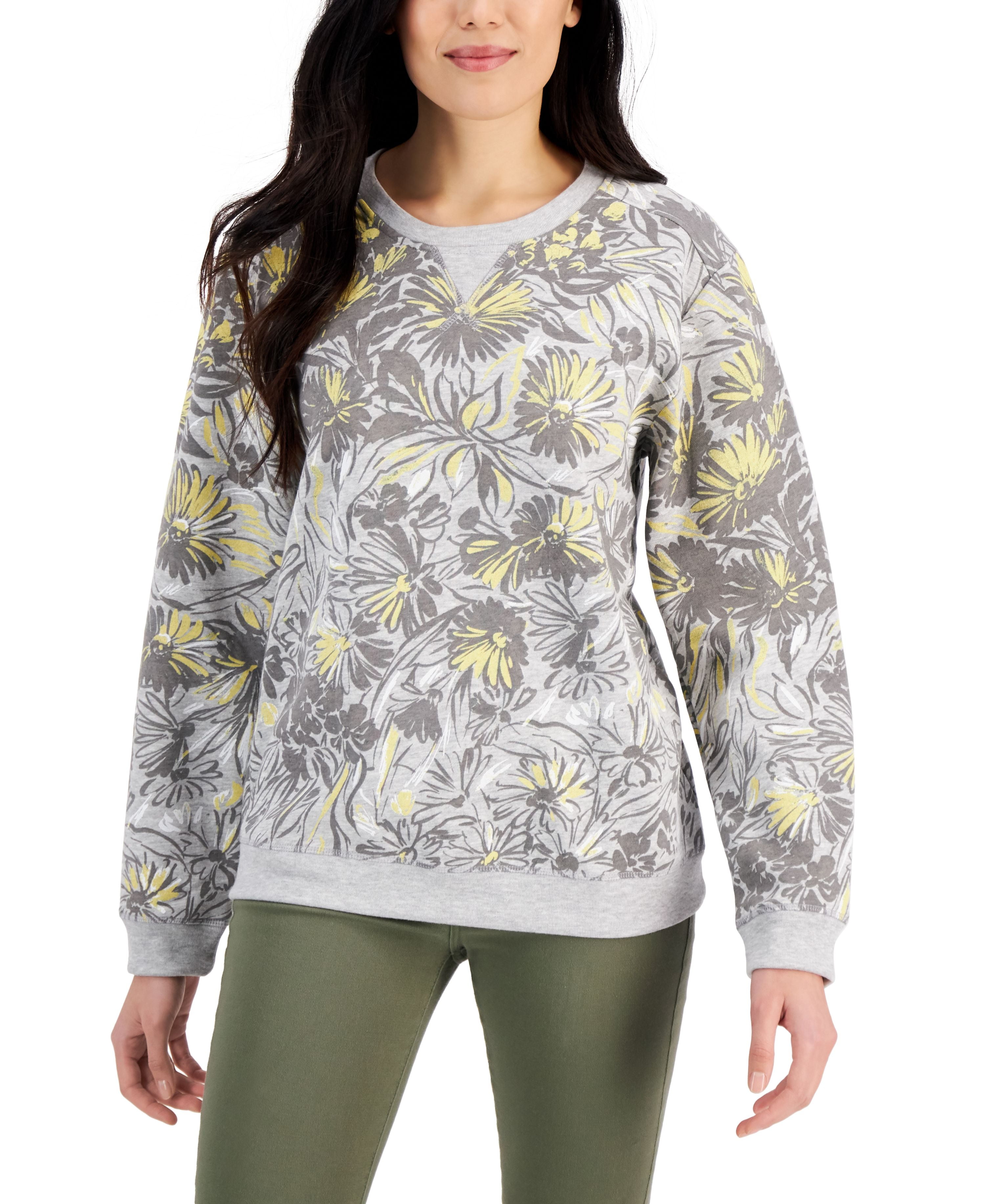 Karen Scott Floral Print Fleece Top Smoke Grey Heather S - Walmart.com