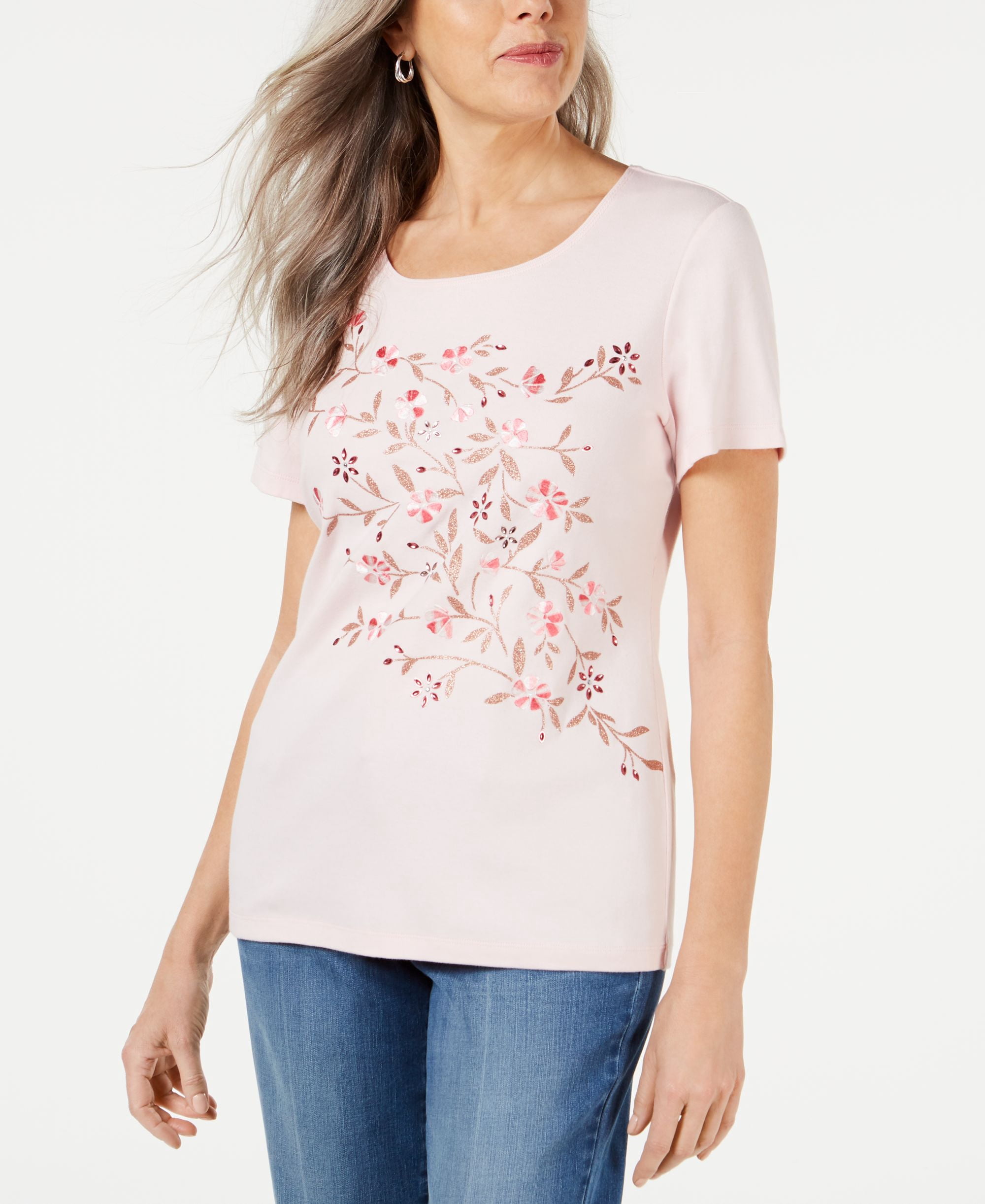 Karen Scott Petite Embellished Top Blush PXS - Walmart.com