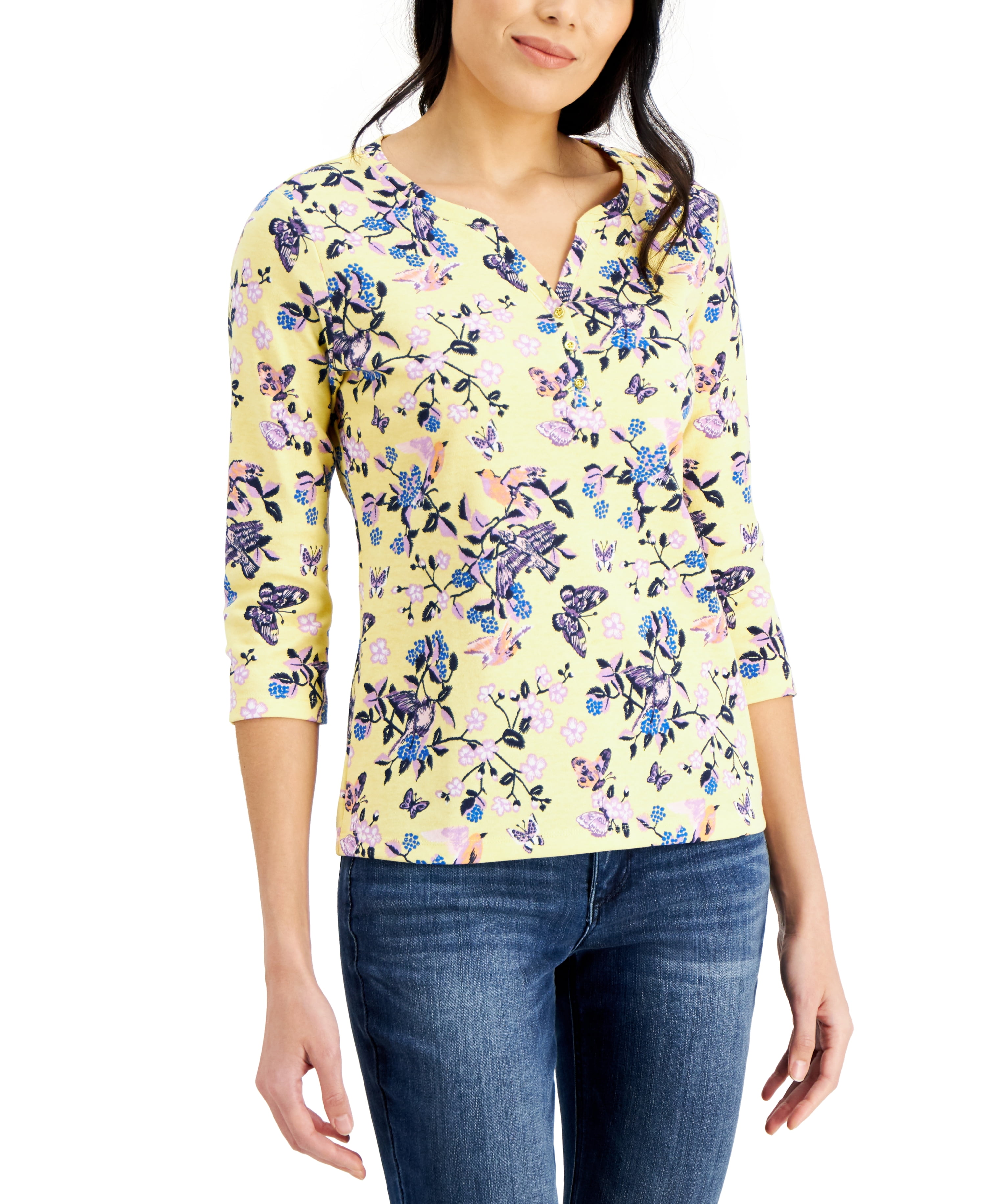 Karen Scott Petite Printed 3/4 Sleeve Henley Top Citron Aura PXL ...