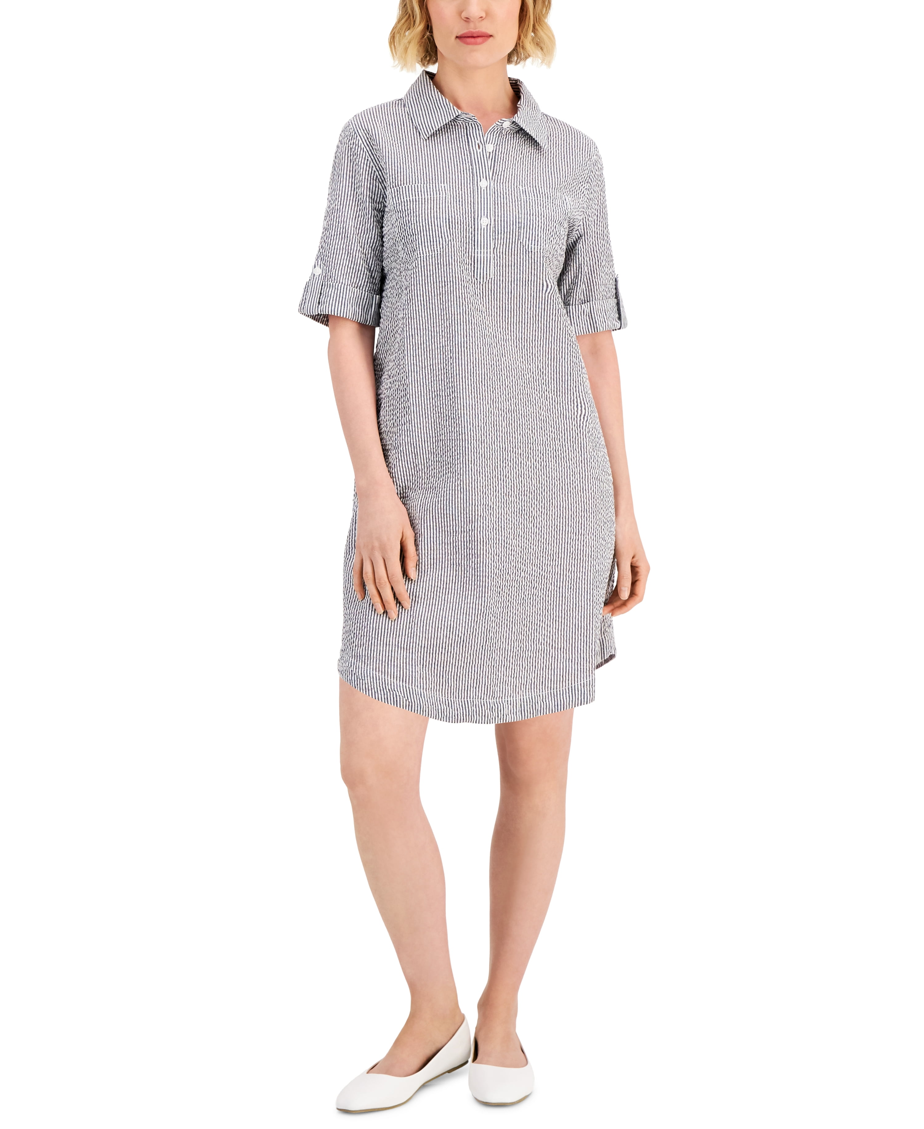 Karen Scott Petite Seersucker Shirtdress Intrepid Blue Combo PS ...