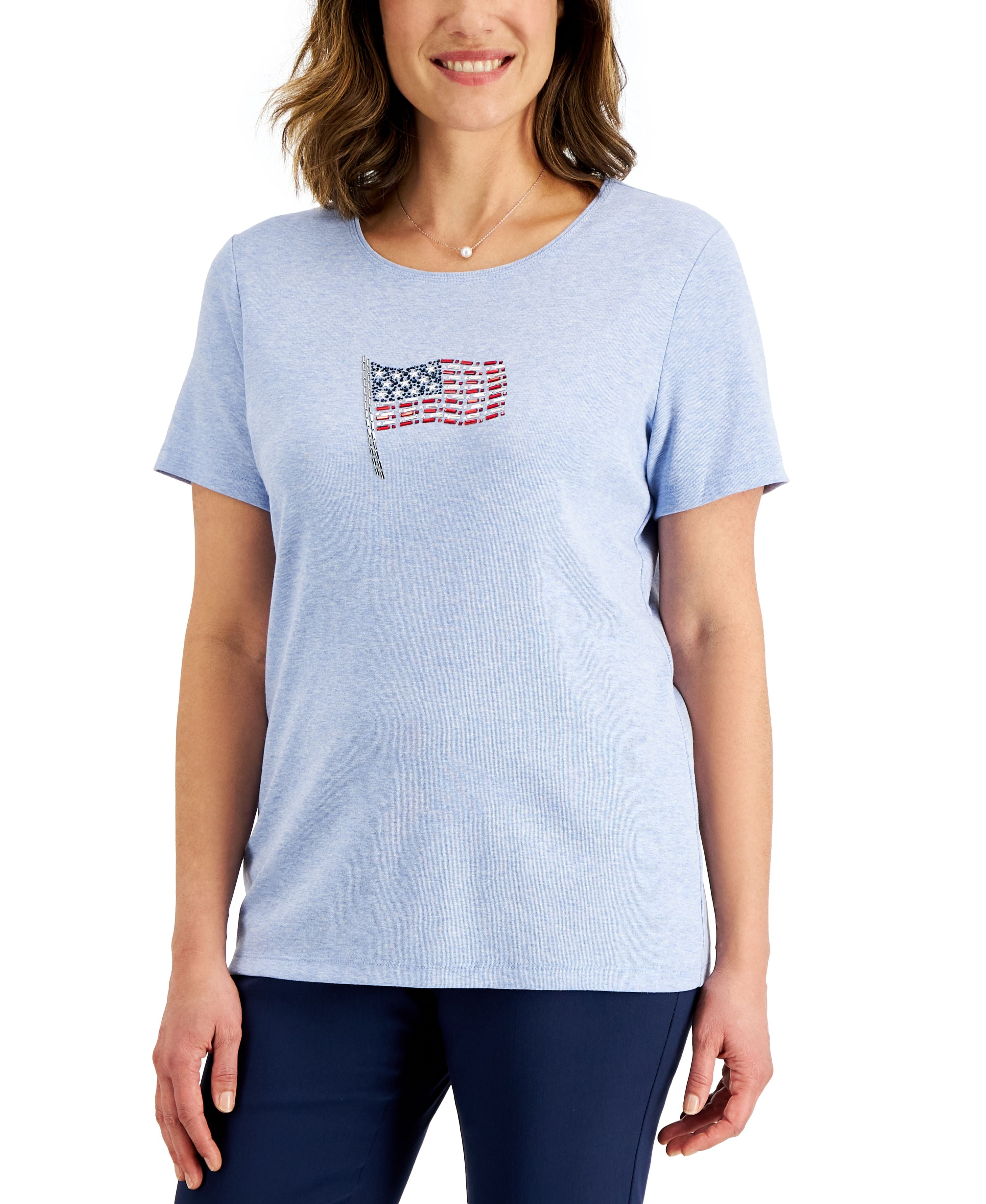 Karen Scott Petite Short Sleeve Sparkle Flag Top Light Blue Heather PM ...