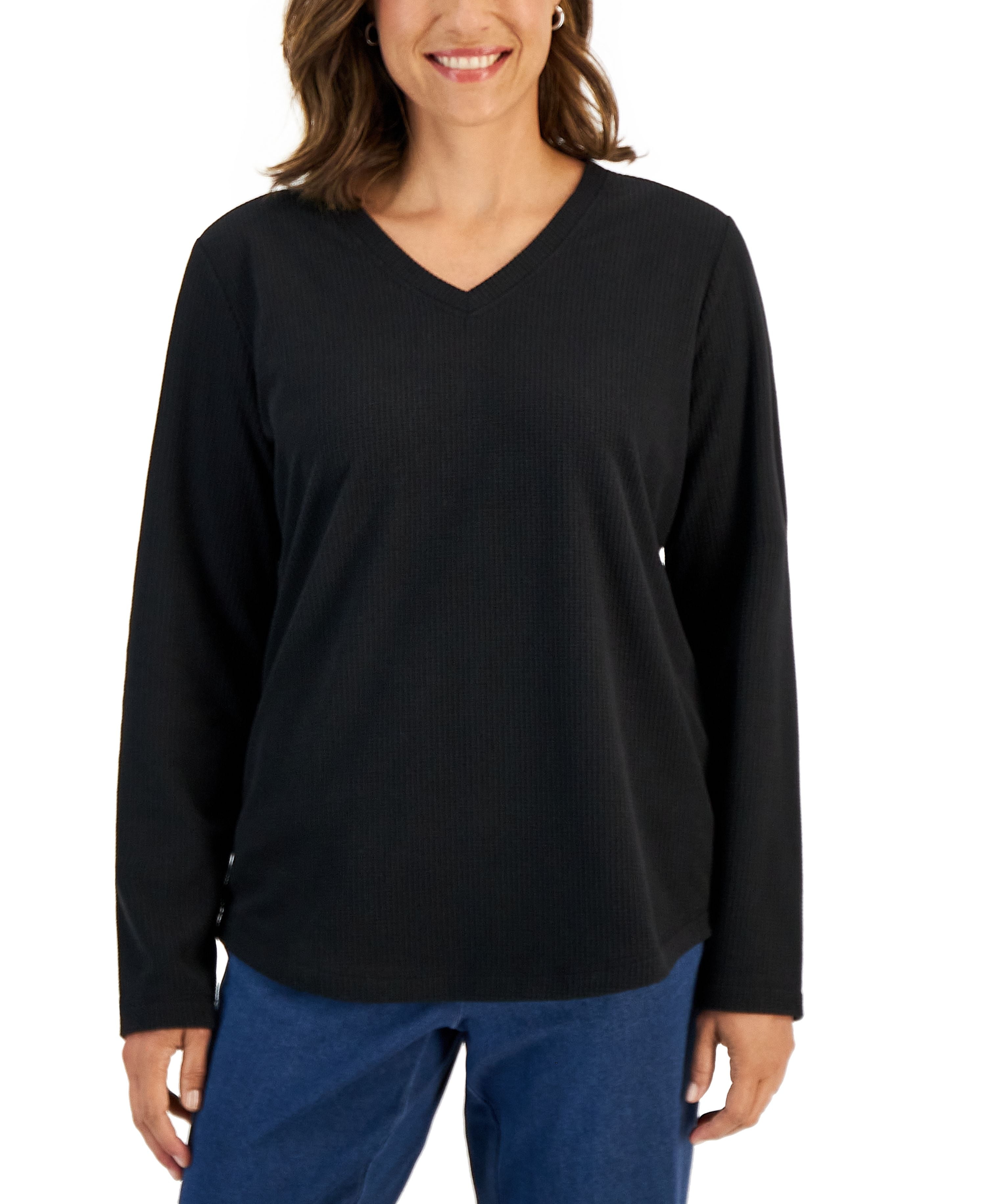 Karen Scott Petite V Neck Long Sleeve Microfleece Top Deep Black PS ...