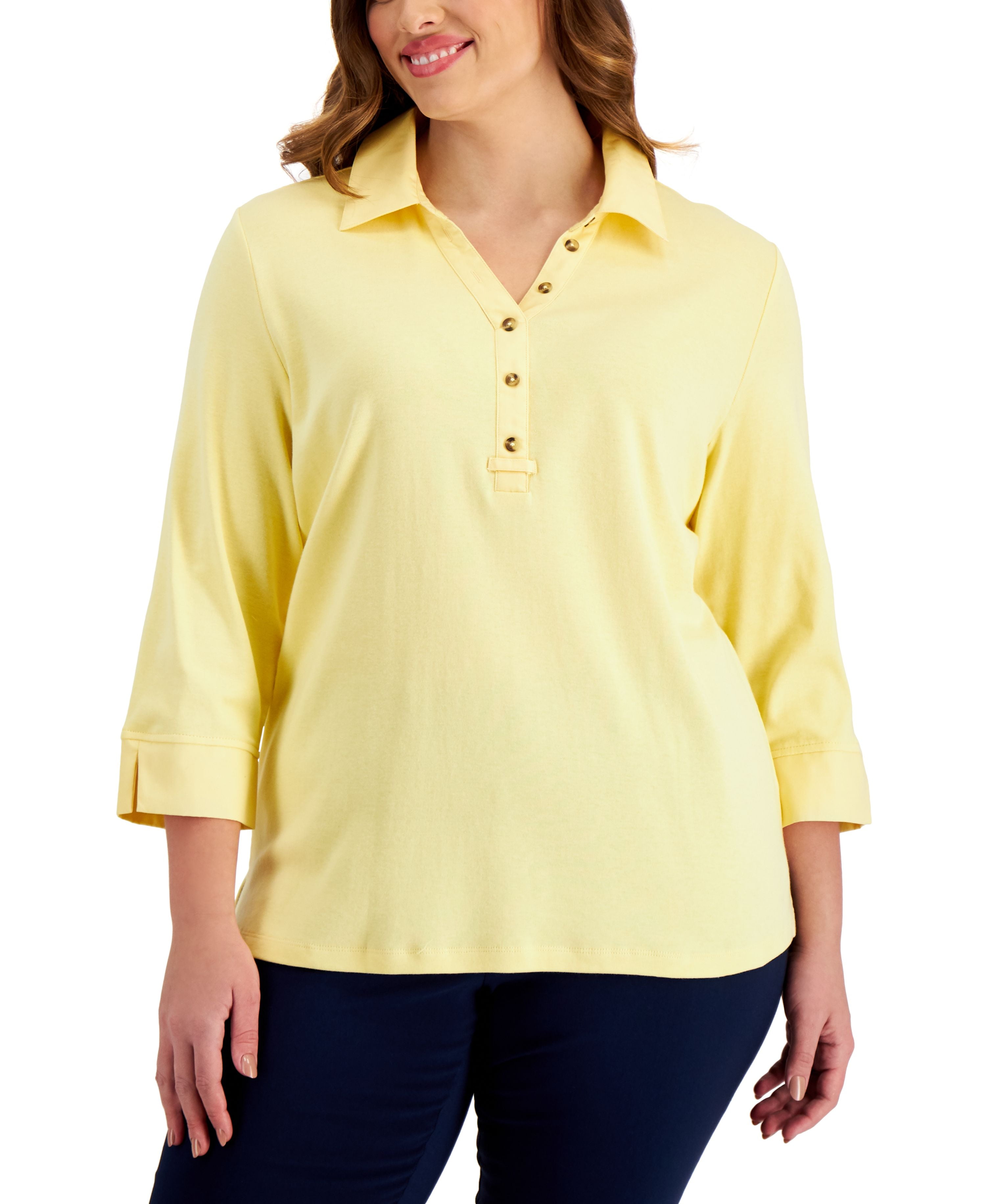 Karen Scott Plus Size 3/4 Sleeve Cotton Top Citron Aura 0X - Walmart.com
