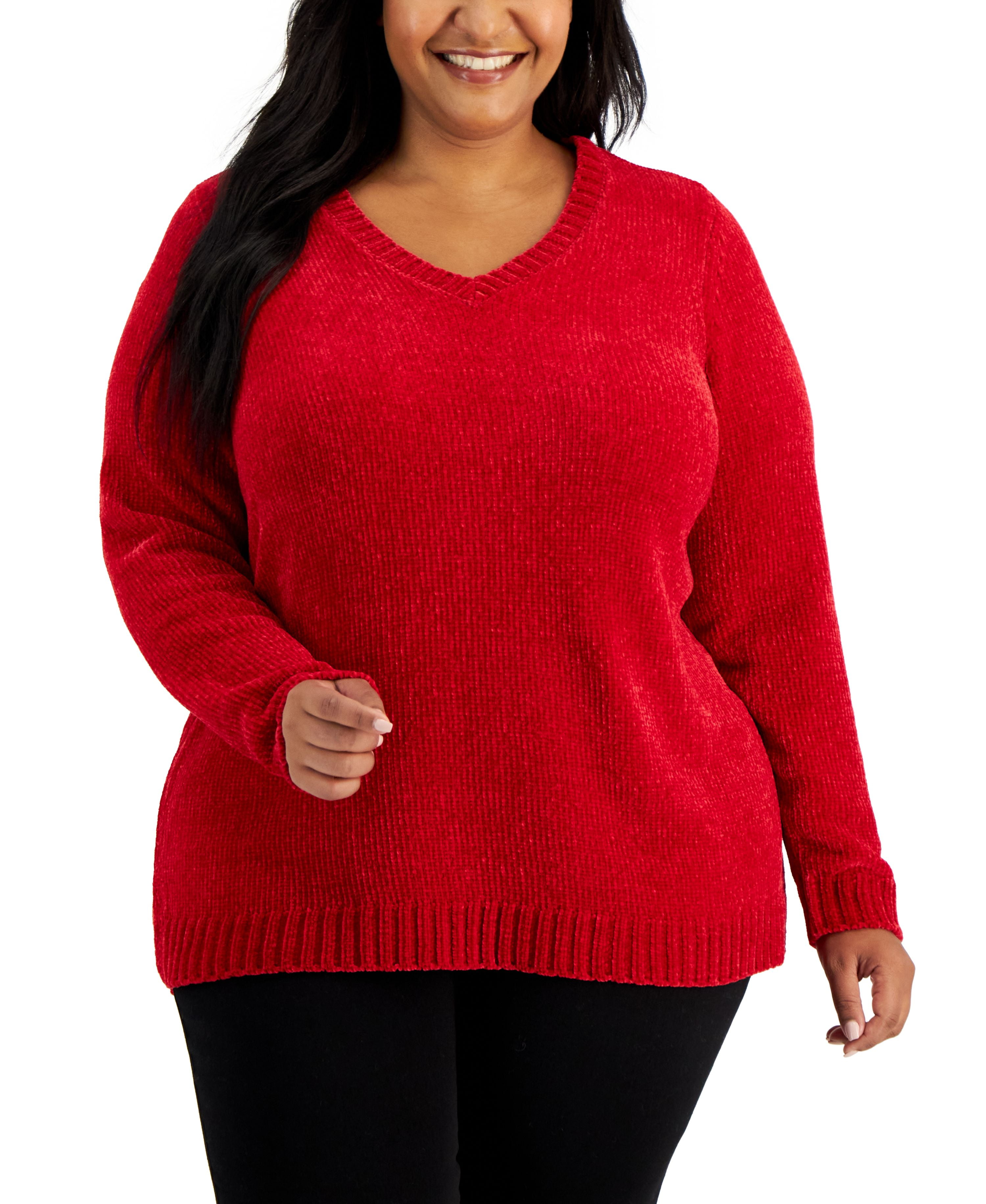 Karen Scott Plus Size Chenille V Neck Sweater New Red Amore 1X ...