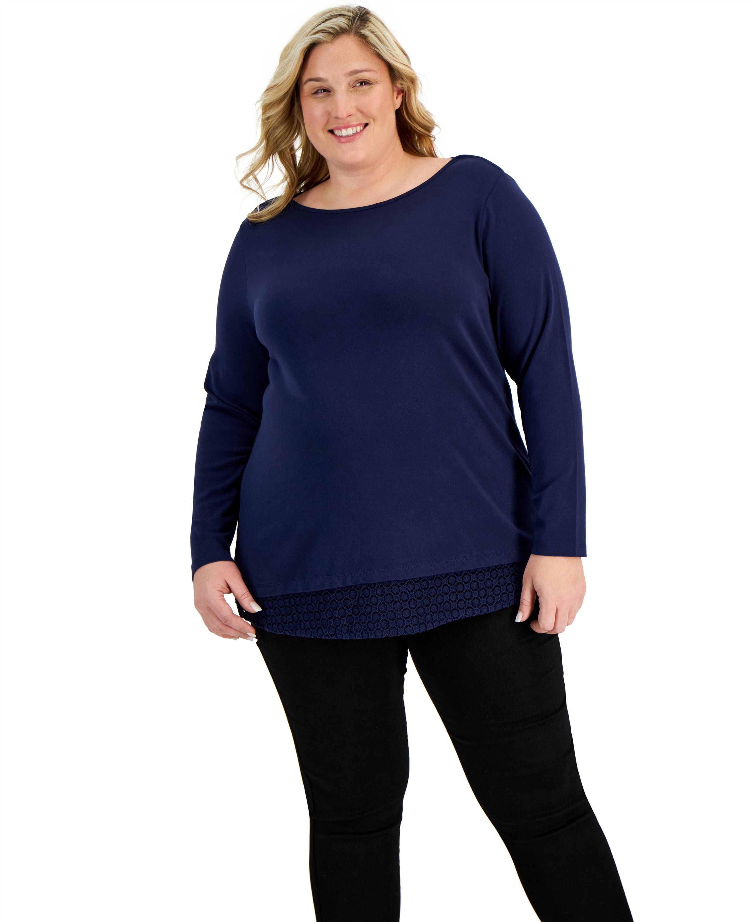 Karen Scott Plus Size Cotton Lace Hem Top Intrepid Blue 4X - Walmart.com