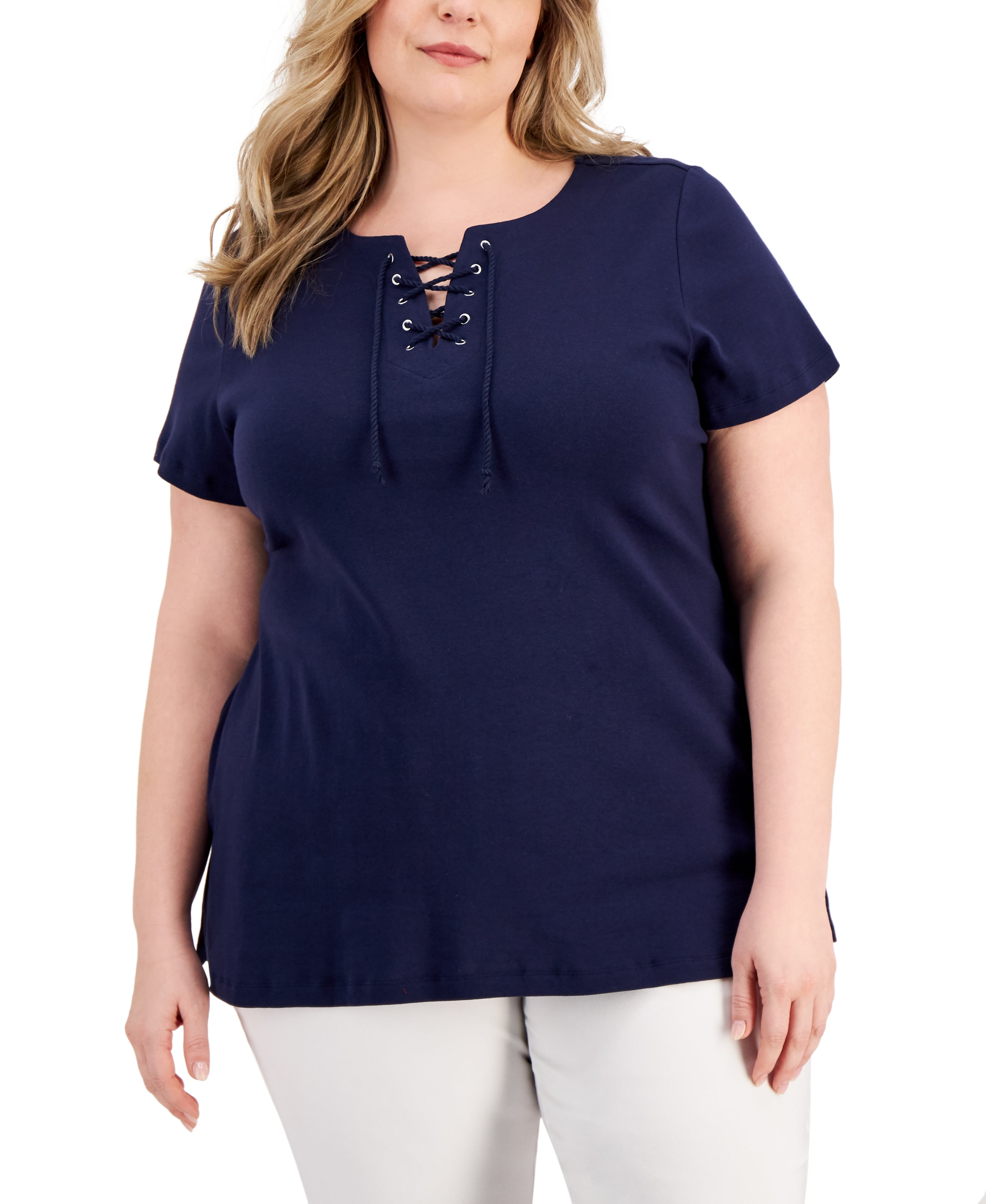 Karen Scott Plus Size Cotton Lace Up Tunic Intrepid Blue 1X - Walmart.com