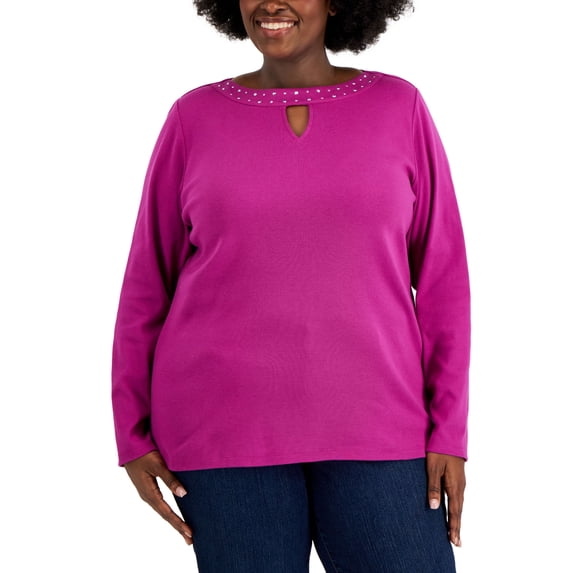 Karen Scott Plus Size Cotton Rhinestone Embellished Keyhole Cutout Top ...