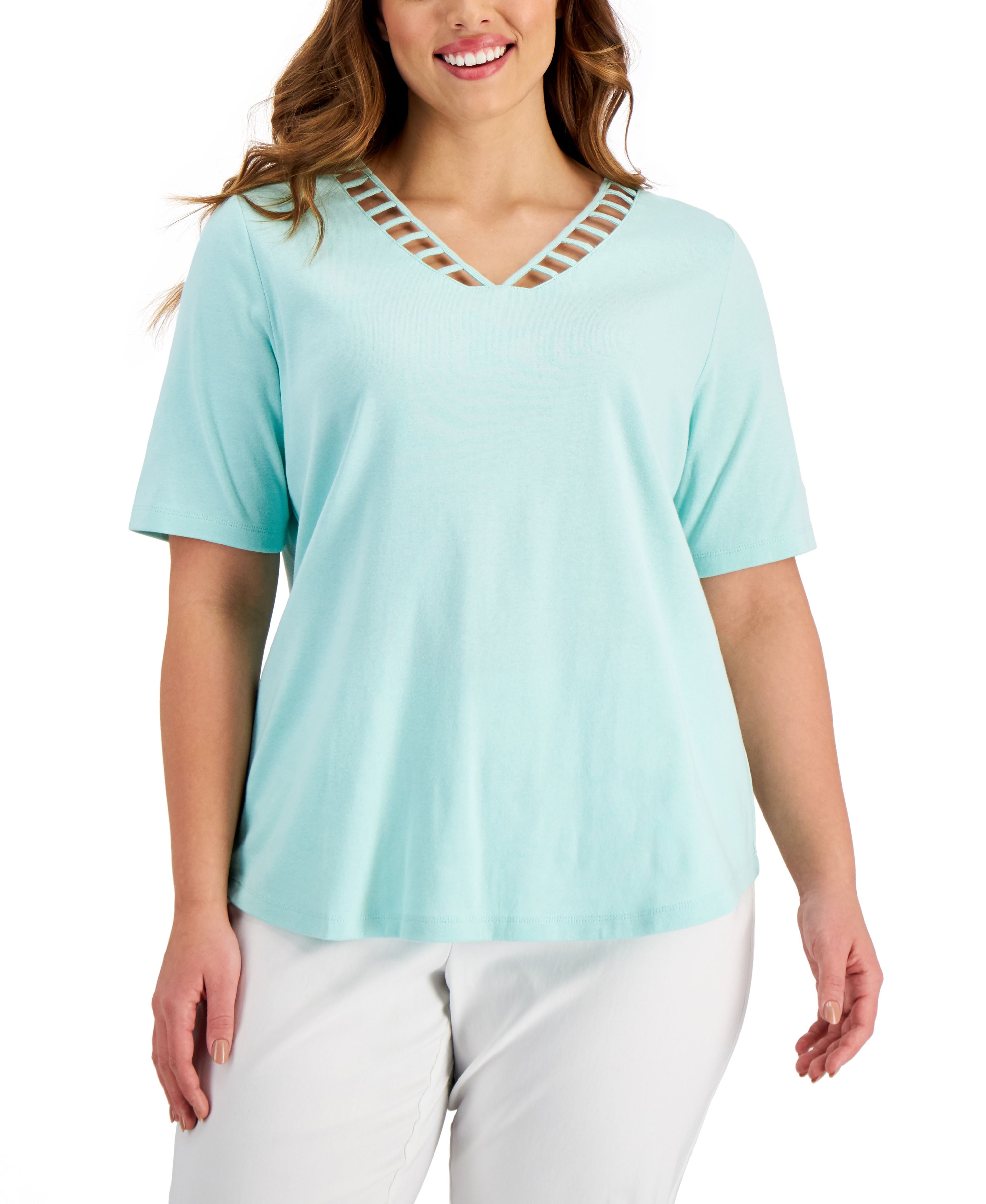 Karen Scott Plus Size Elbow Sleeve Ladder Cutout V Neck Top Aqua Ice 0X ...