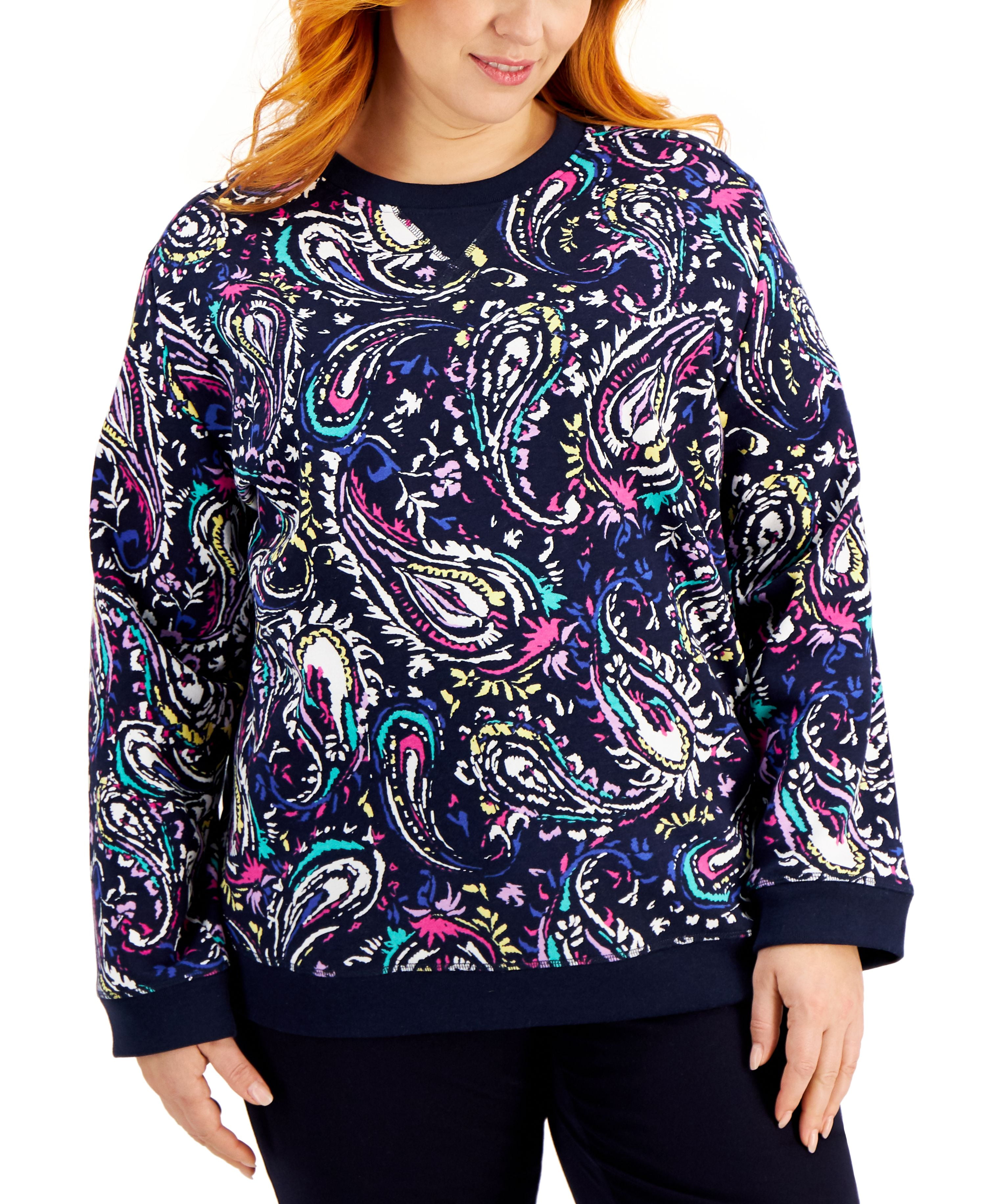 Karen Scott Plus Size Jane Paisley Print Crewneck Top Intrepid Blue 1X ...