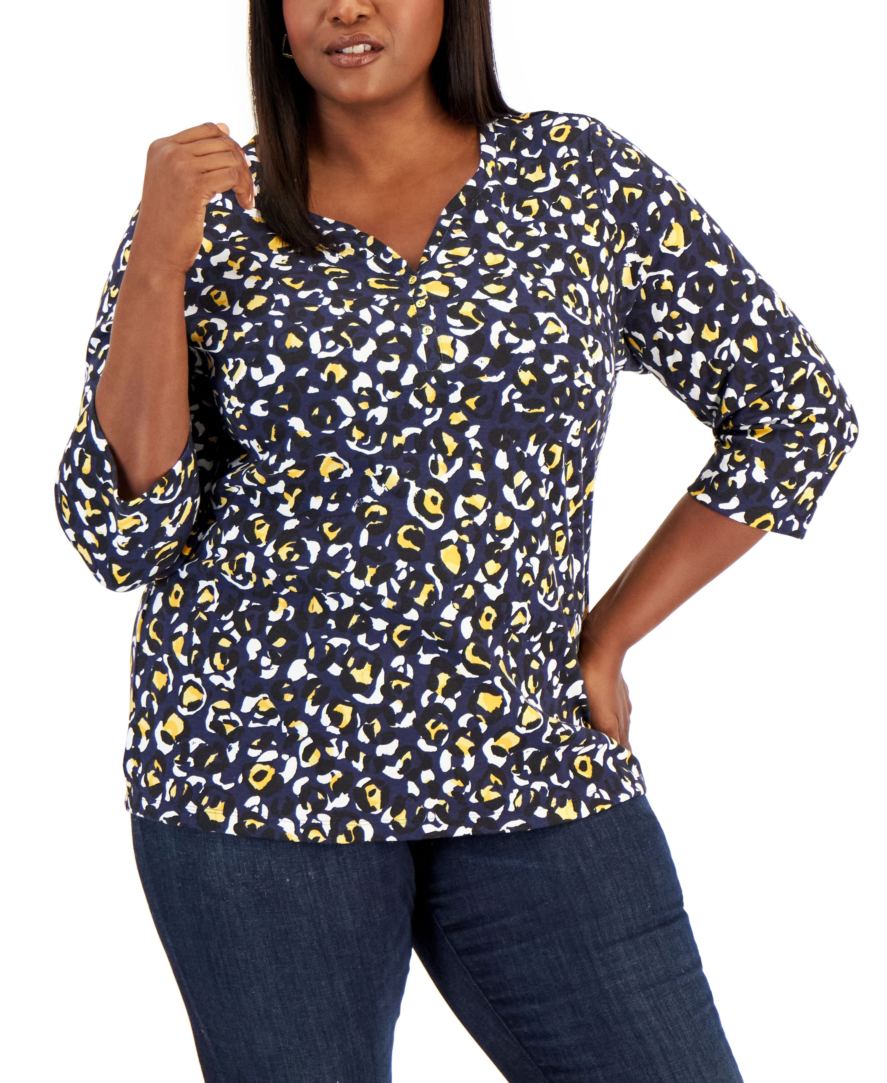 Karen Scott Plus Size Leopard Print Henley Top Intrepid Blue 3X ...