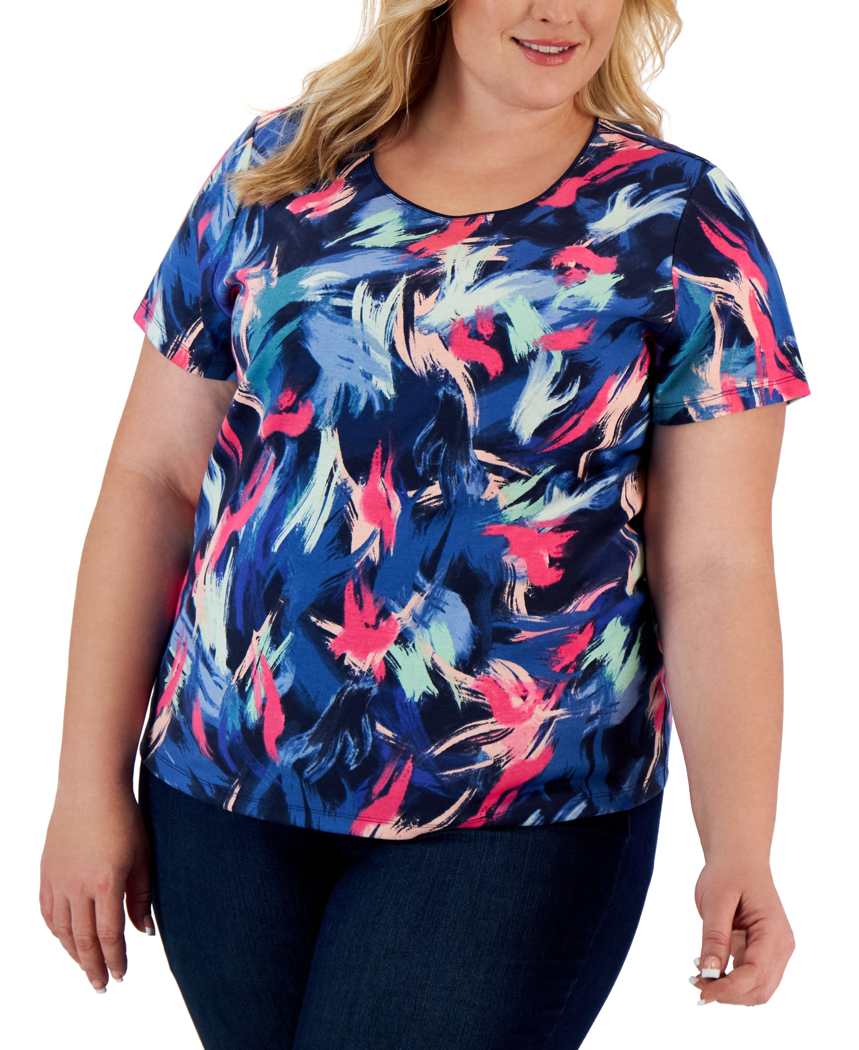 Karen Scott Plus Size Retro Wash Printed Top Intrepid Blue 2X - Walmart.com