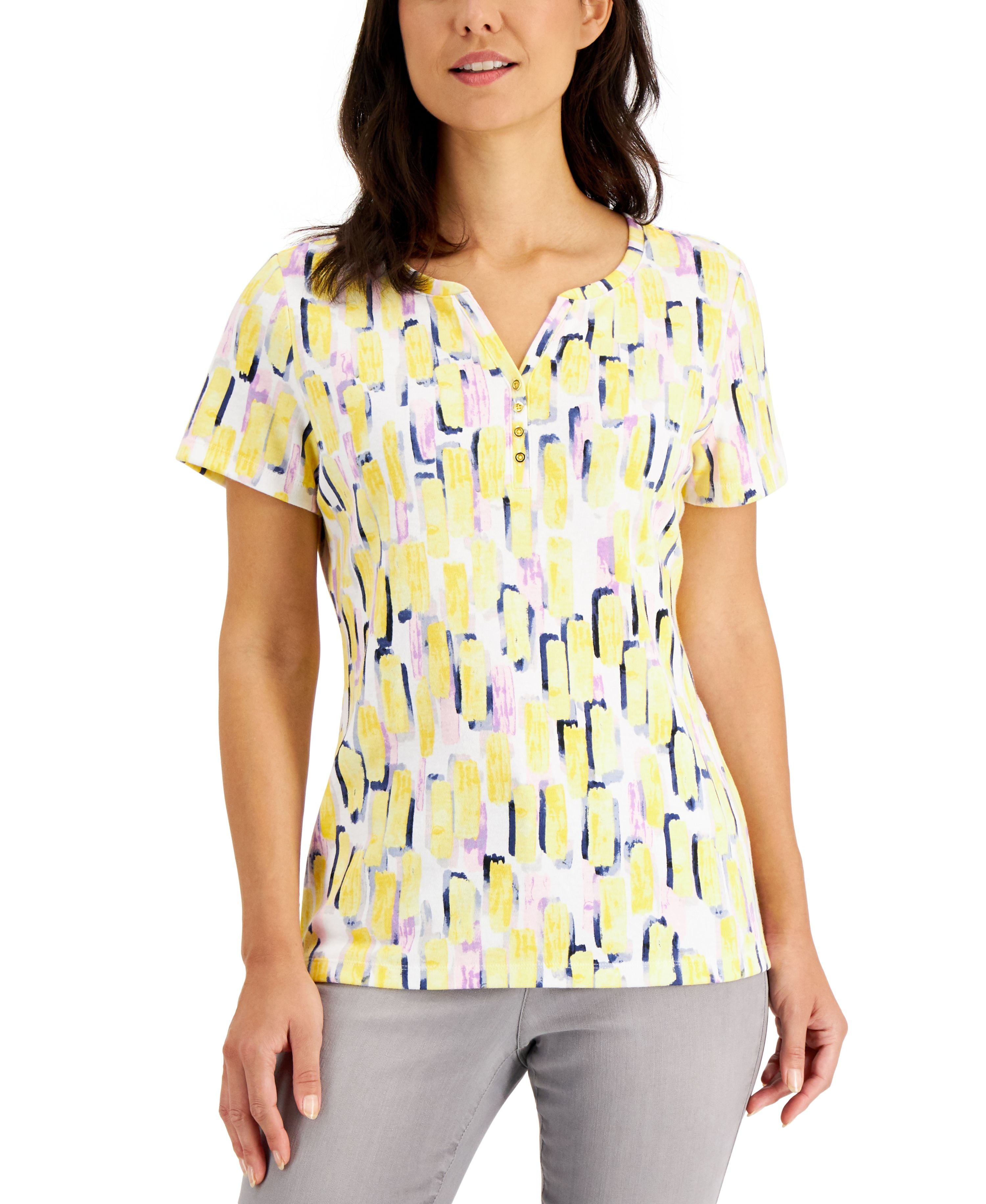 Karen Scott Printed Short Sleeve Henley Citron Aura S - Walmart.com