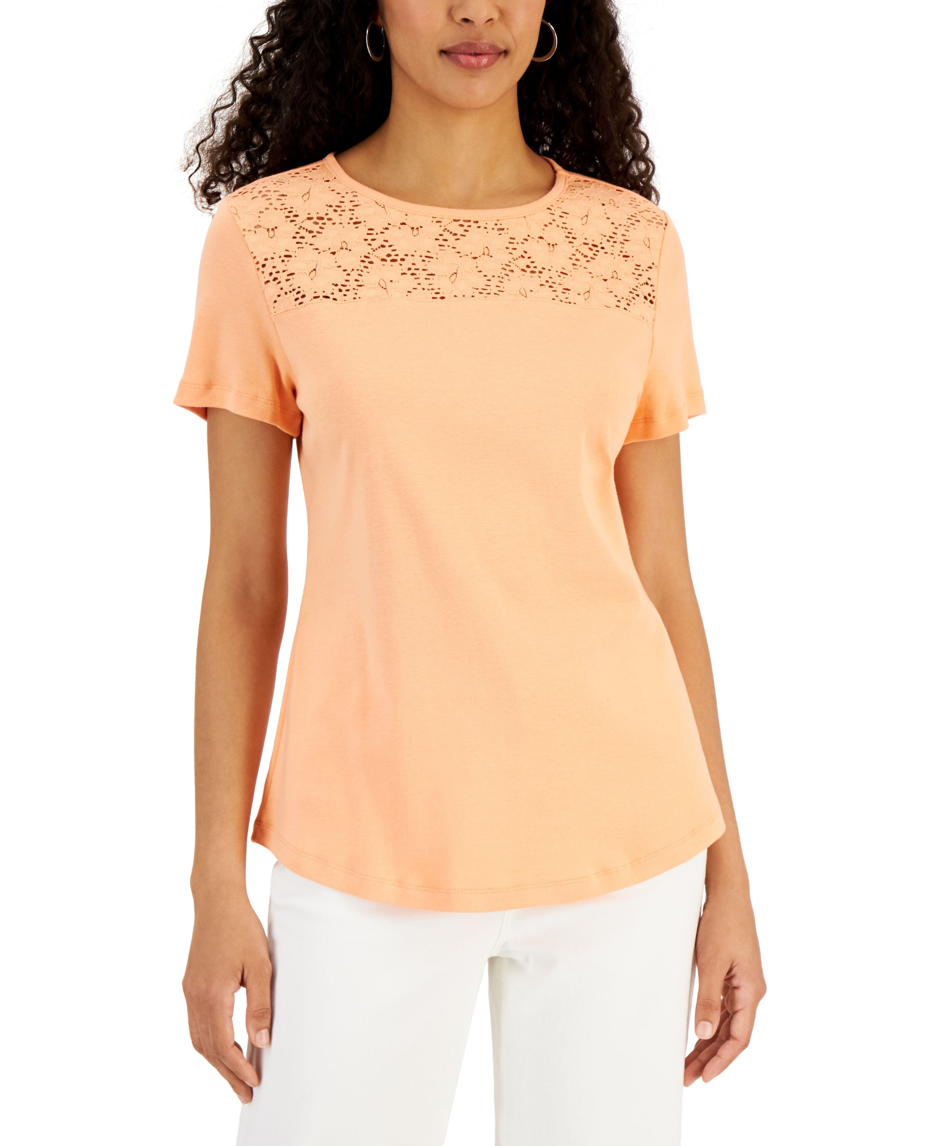 Karen Scott Short Sleeve Crocheted Yoke Top Pacific Coral S - Walmart.com