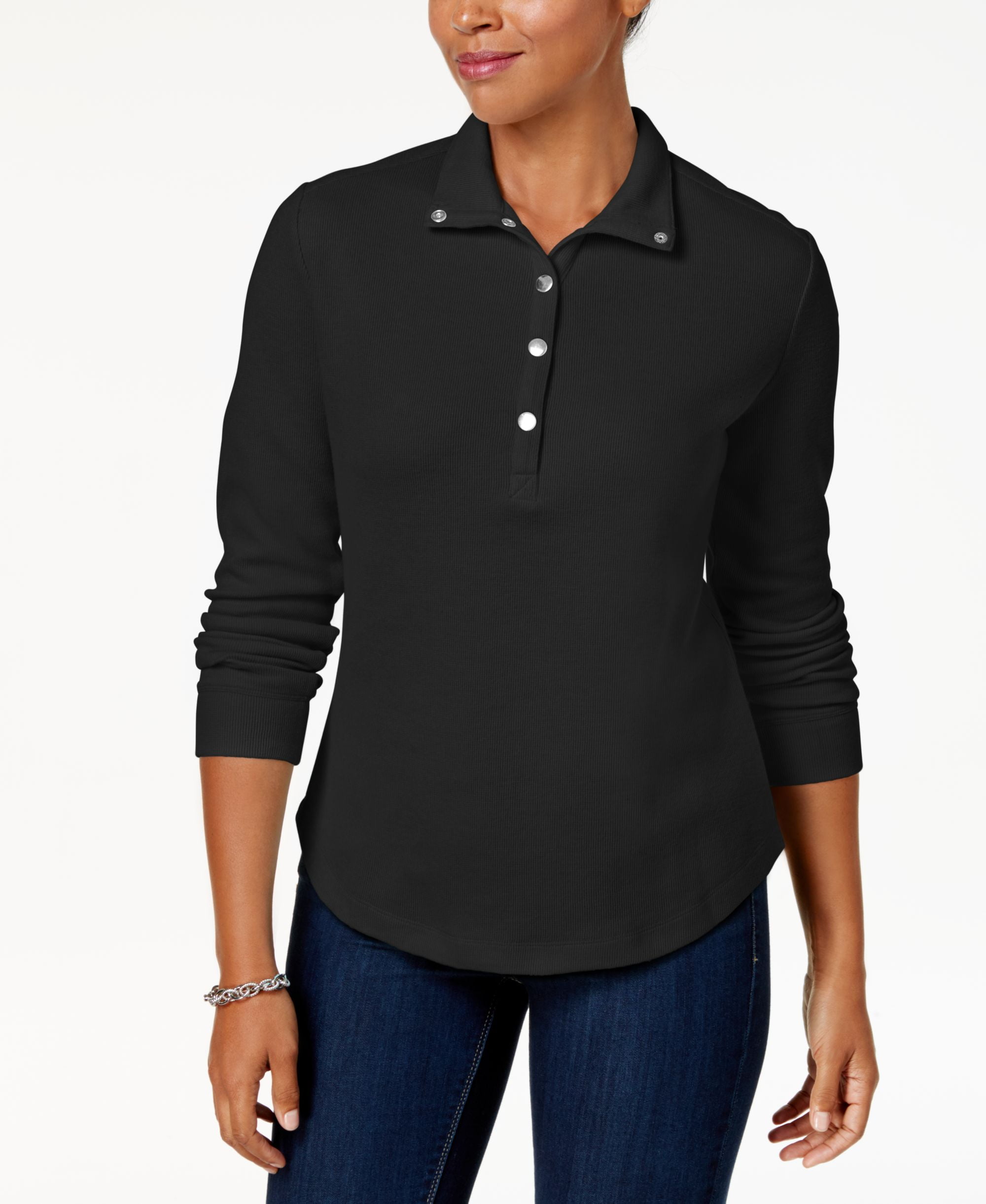 Karen Scott Snap Front Polo Shirt Deep Black M - Walmart.com