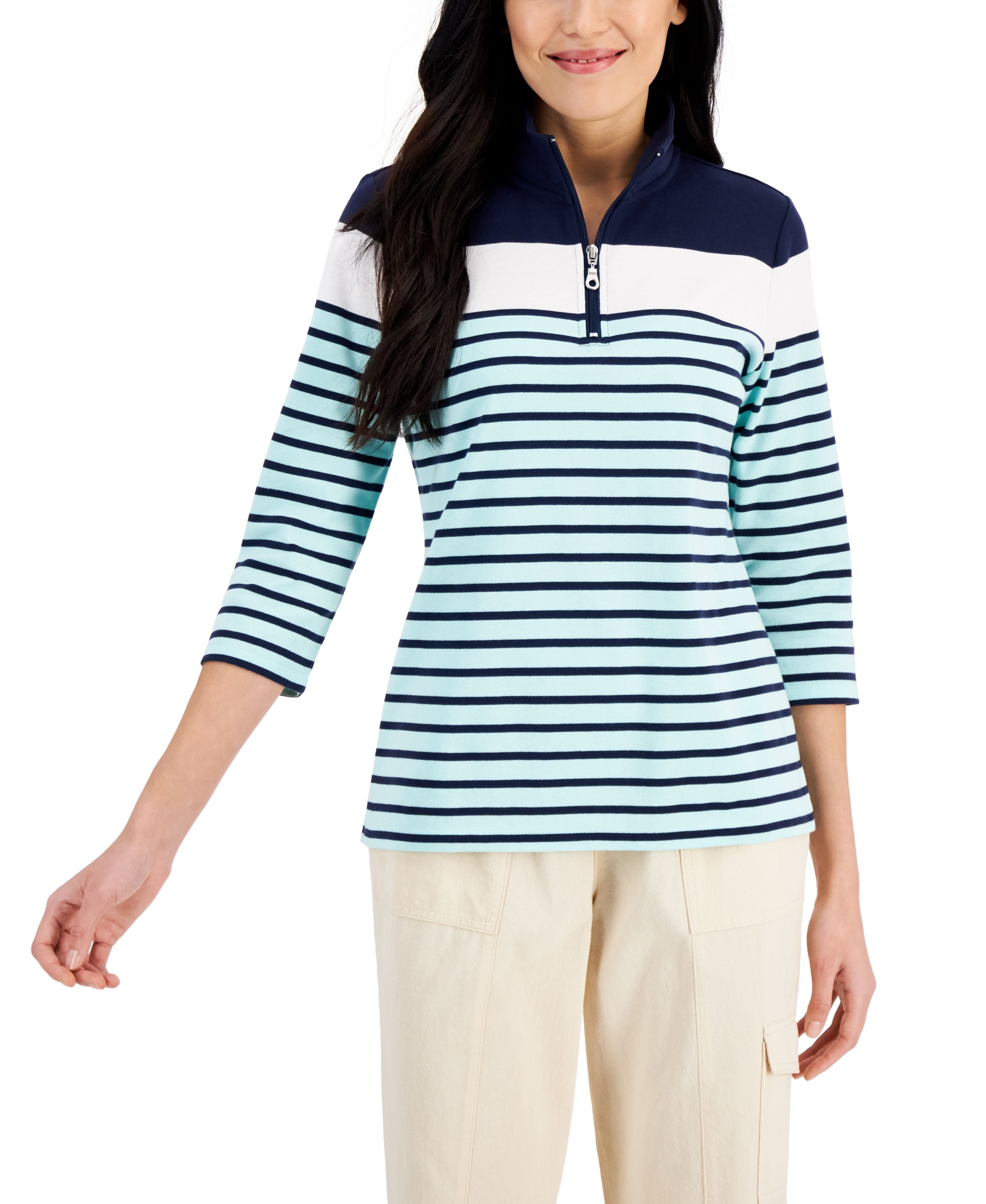 Karen Scott Striped Quarter Zip 3/4 Sleeve Top Aqua Ice XS - Walmart.com