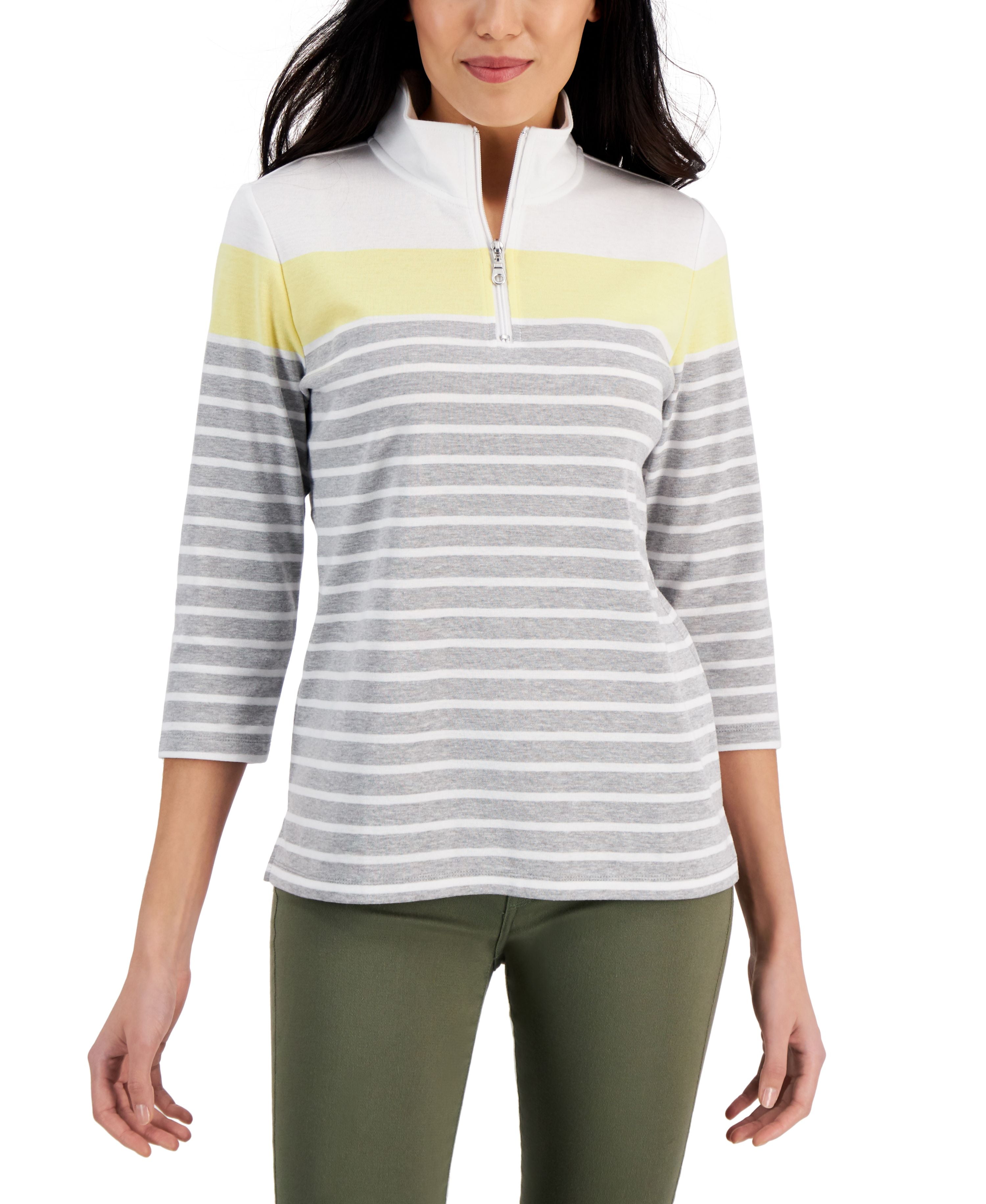 Karen Scott Striped Quarter Zip 3/4 Sleeve Top Smoke Grey Heather XS ...